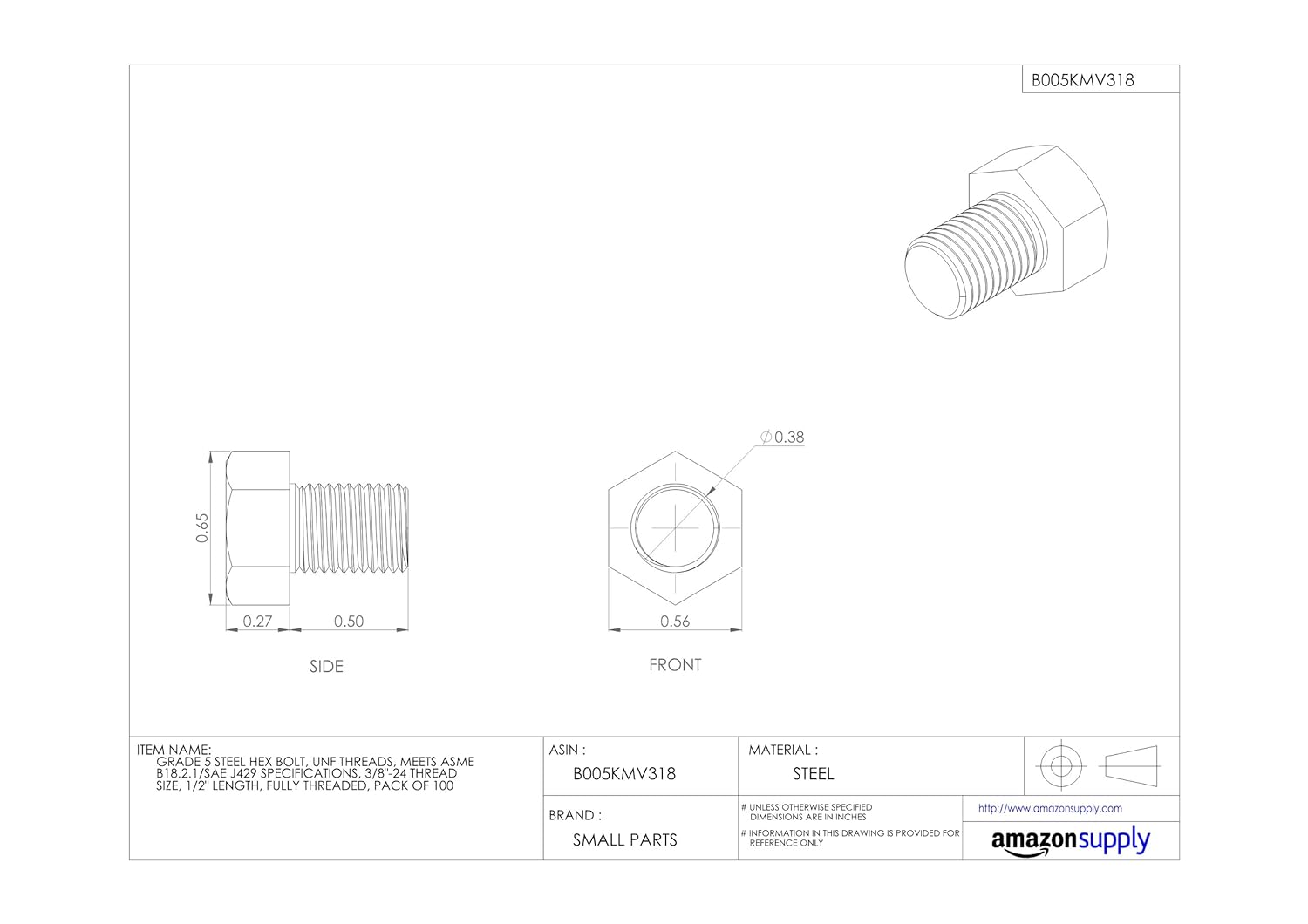 External Hex Drive Meets ASME B18.2.1/SAE J429 Grade 5 Hex Head Plain ...