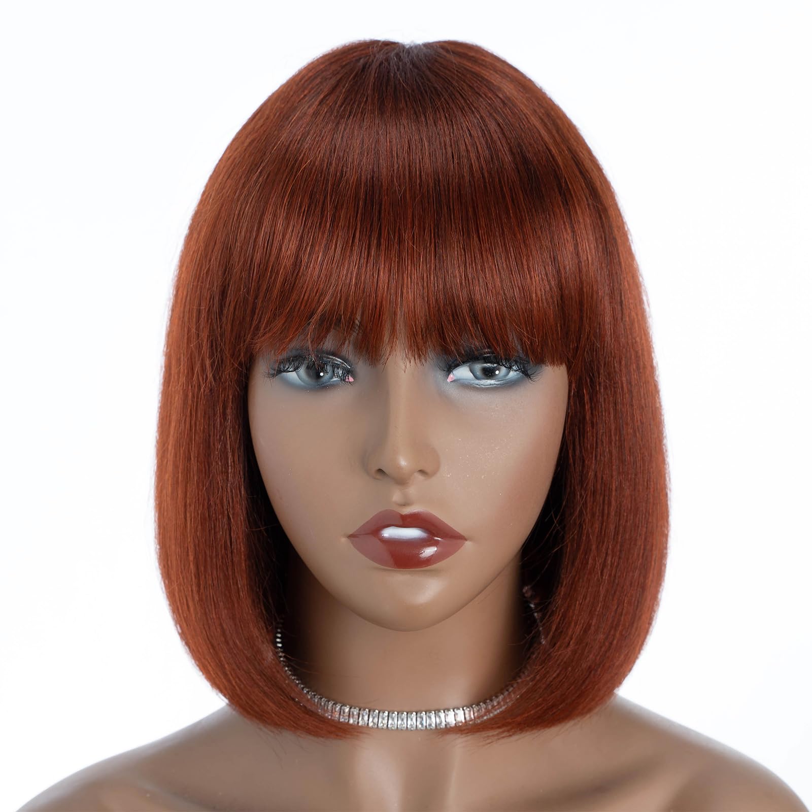 DÉBUT Reddish Brown Short Bob Straight Human Hair Wigs with Bangs ...