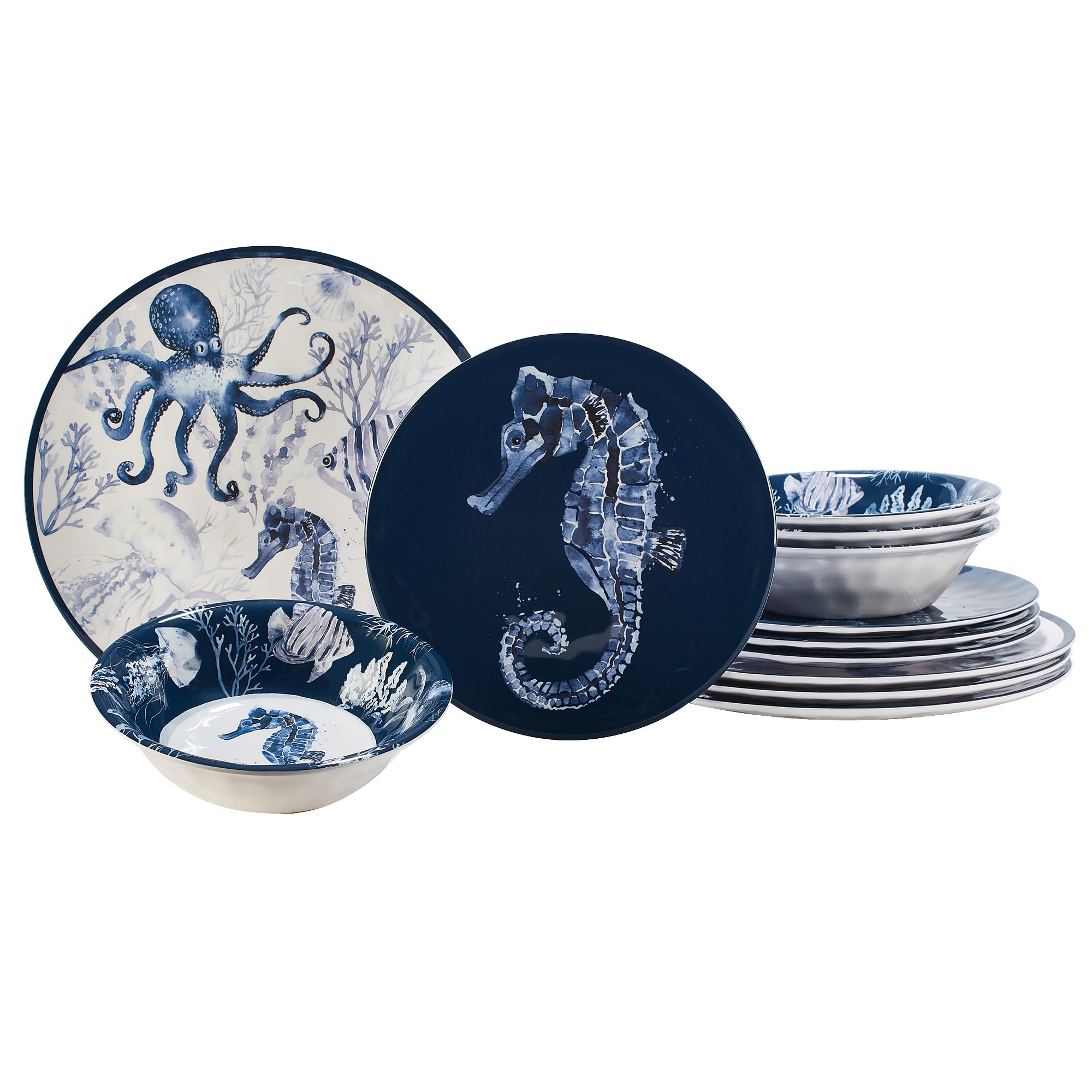 Sea Life Melamine 12 Piece Dinnerware Set – Service for 4 Coastal ...