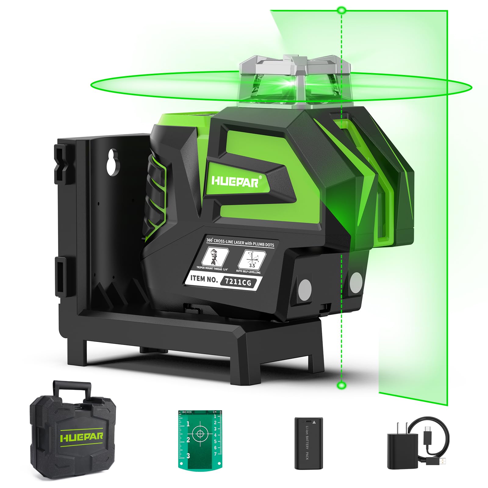 Huepar Self-Leveling Green Laser Level Cross Line with 2 Plumb Dots ...