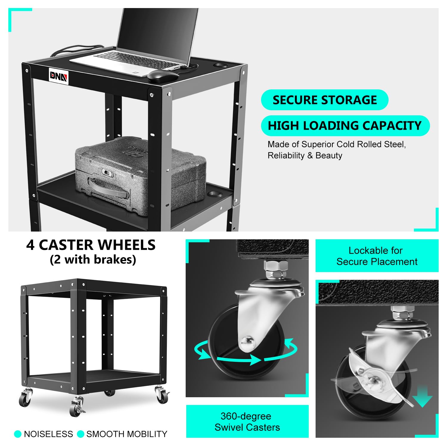 Mua 3-Layer Utility Steel AV Cart with Wheels Power Strip, 25" x 18" x ...