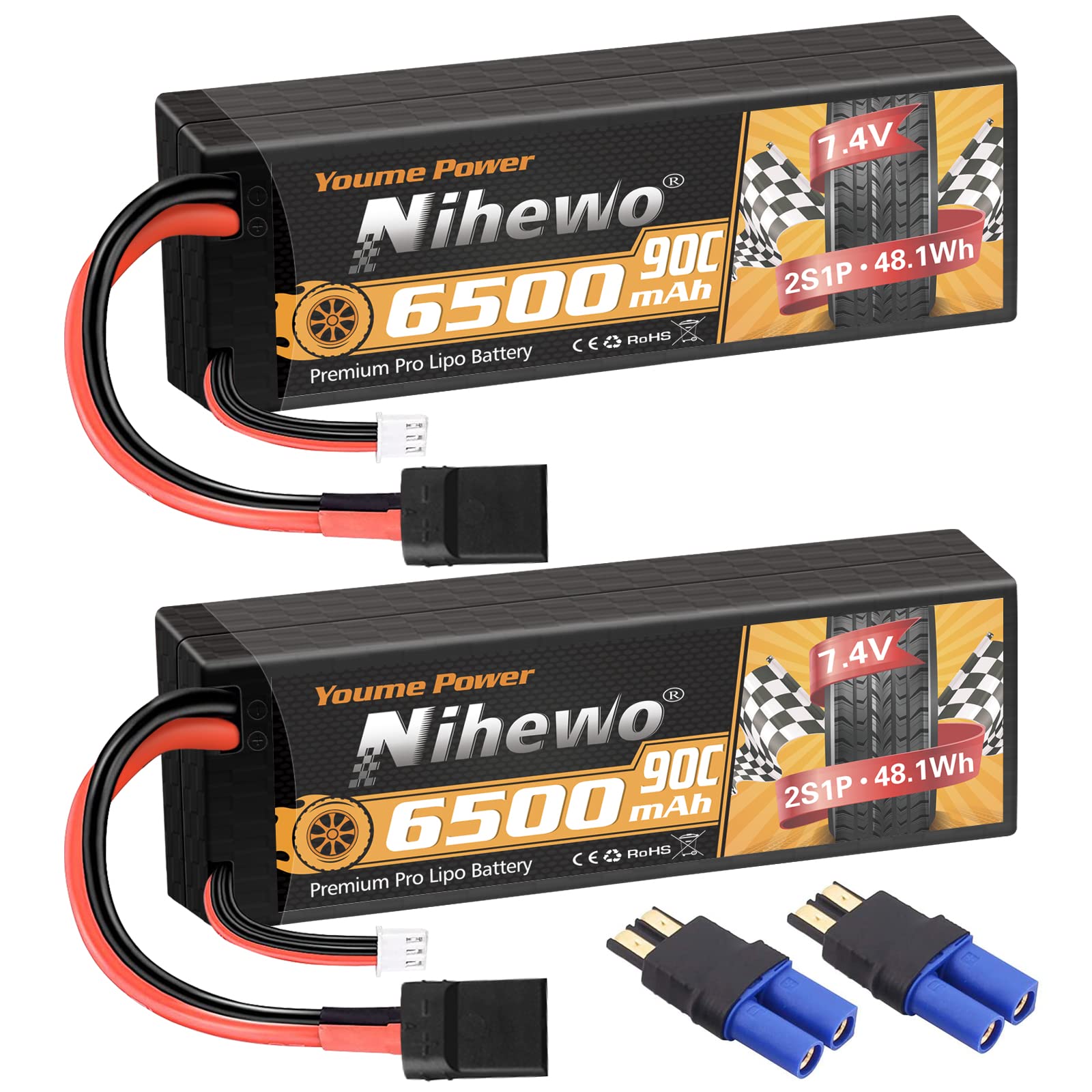 Nihewo 2Packs 2S Lipo Battery 7.4V 6500mAh RC Lipo Battery Pack 90C ...