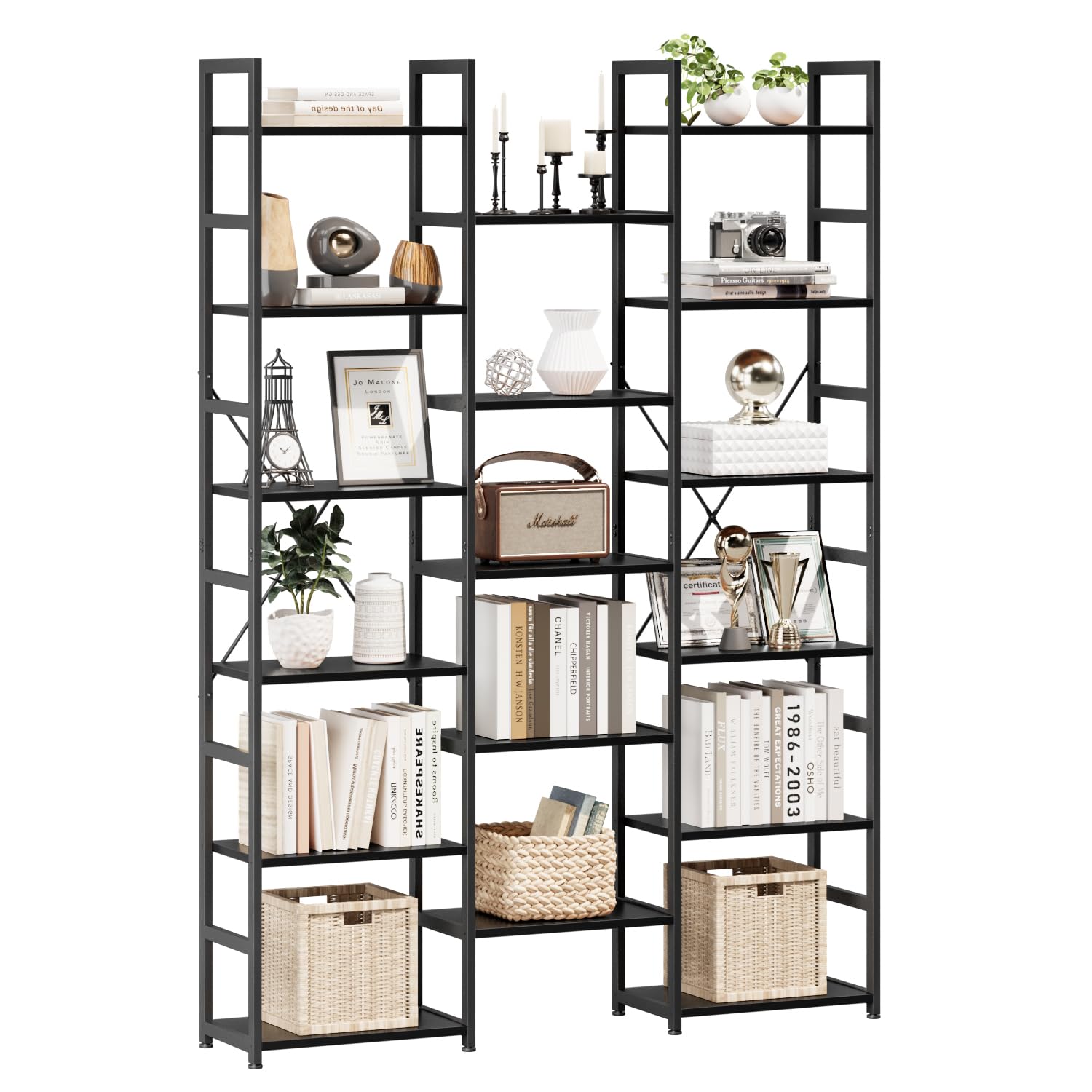 NUMENN Triple Column 6 Tier Bookshelf, Bookcase with 17 Open Display ...