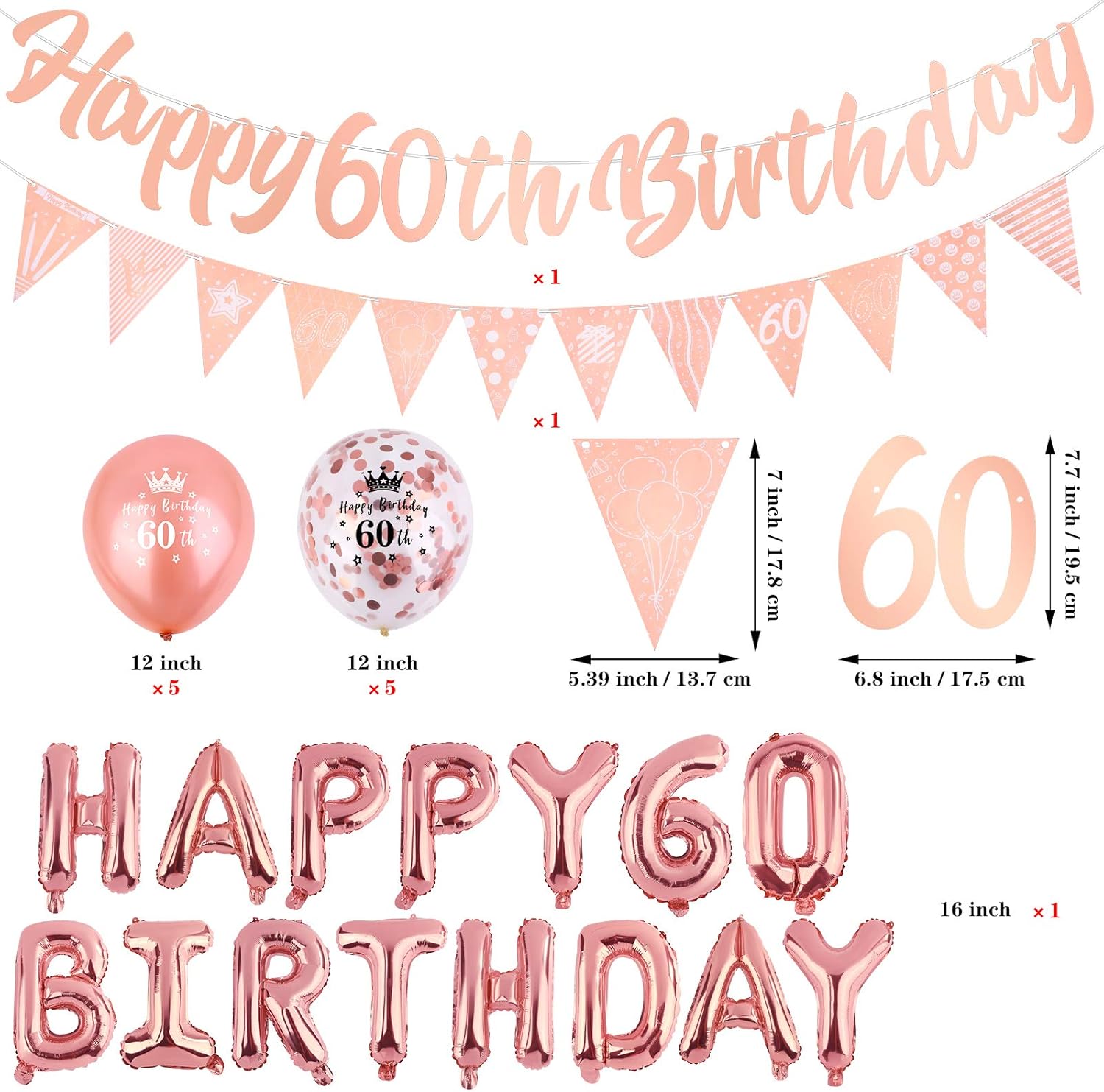 ADXCO Rose Gold 60th Birthday Decorations Kit Include Rose Gold Happy ...