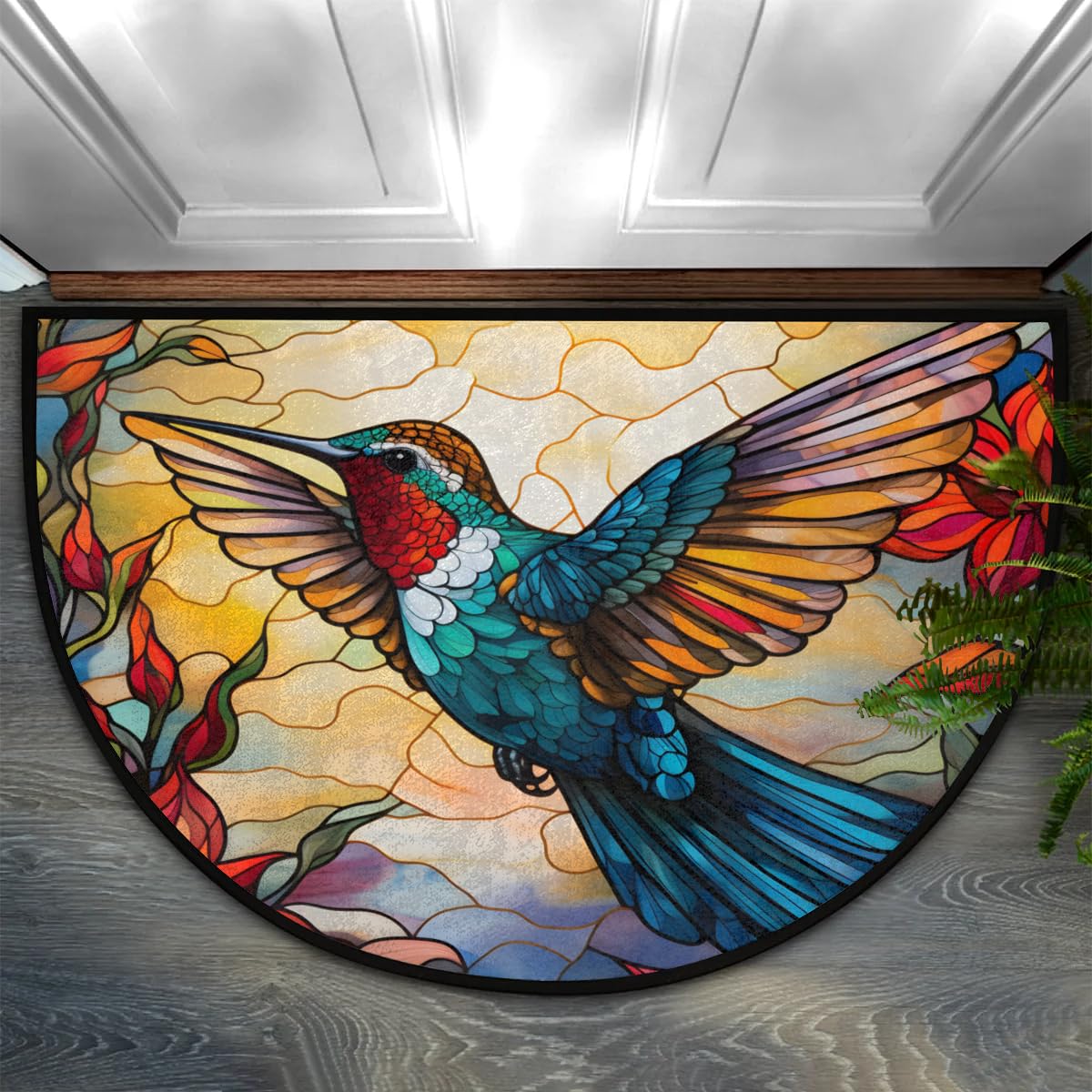Hummingbird Stained Glass Window Half Round Door Mat, Non-Slip Entrance ...