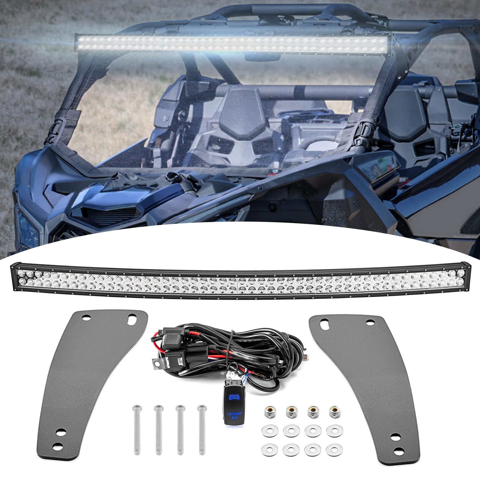 XJMOTO 50'' 288W Offroad Curved LED Light Bar & Upper Roof Windshield ...