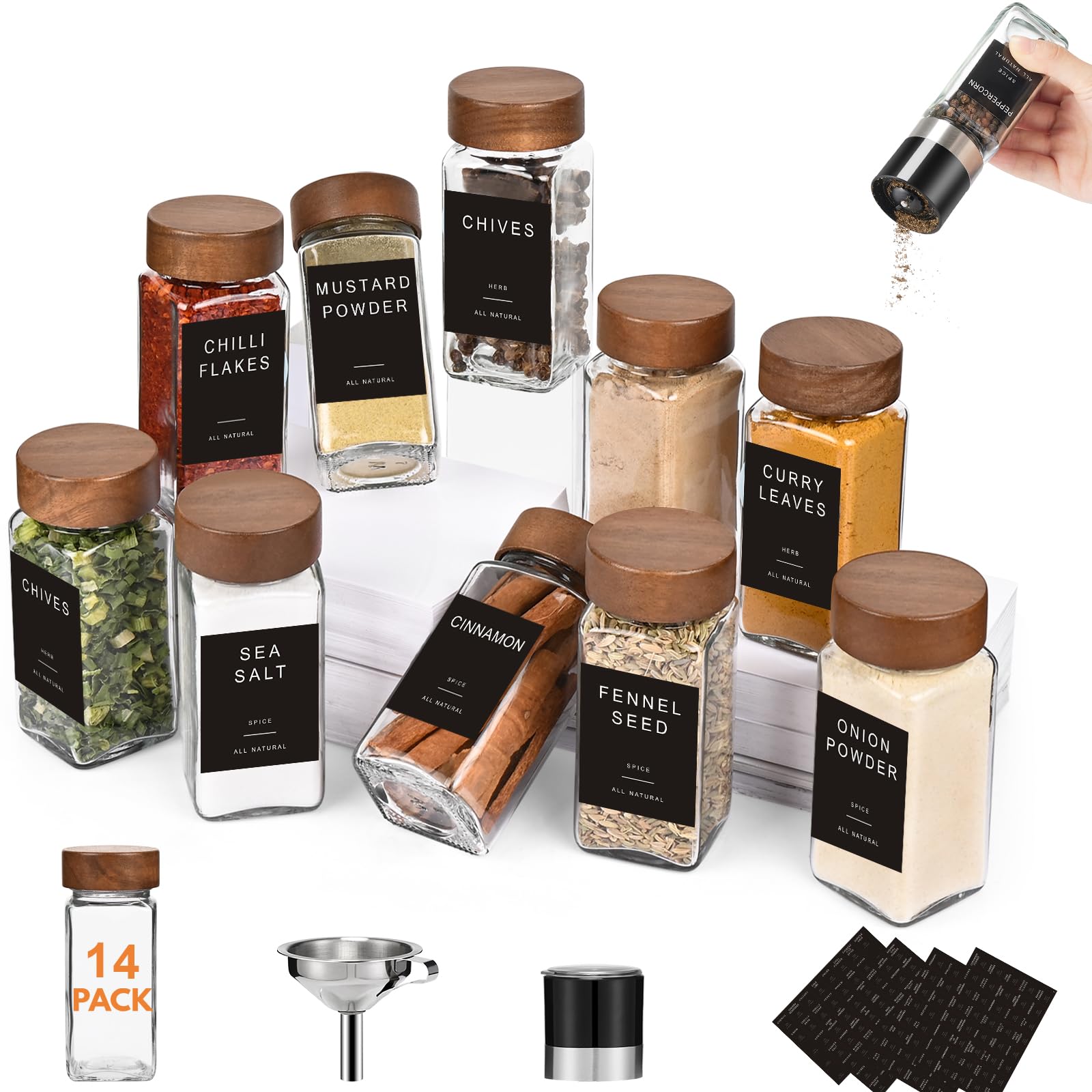 Yangbaga 14Pcs Glass Spice Jars with Labels-4oz Acacia Wood Lid Square ...