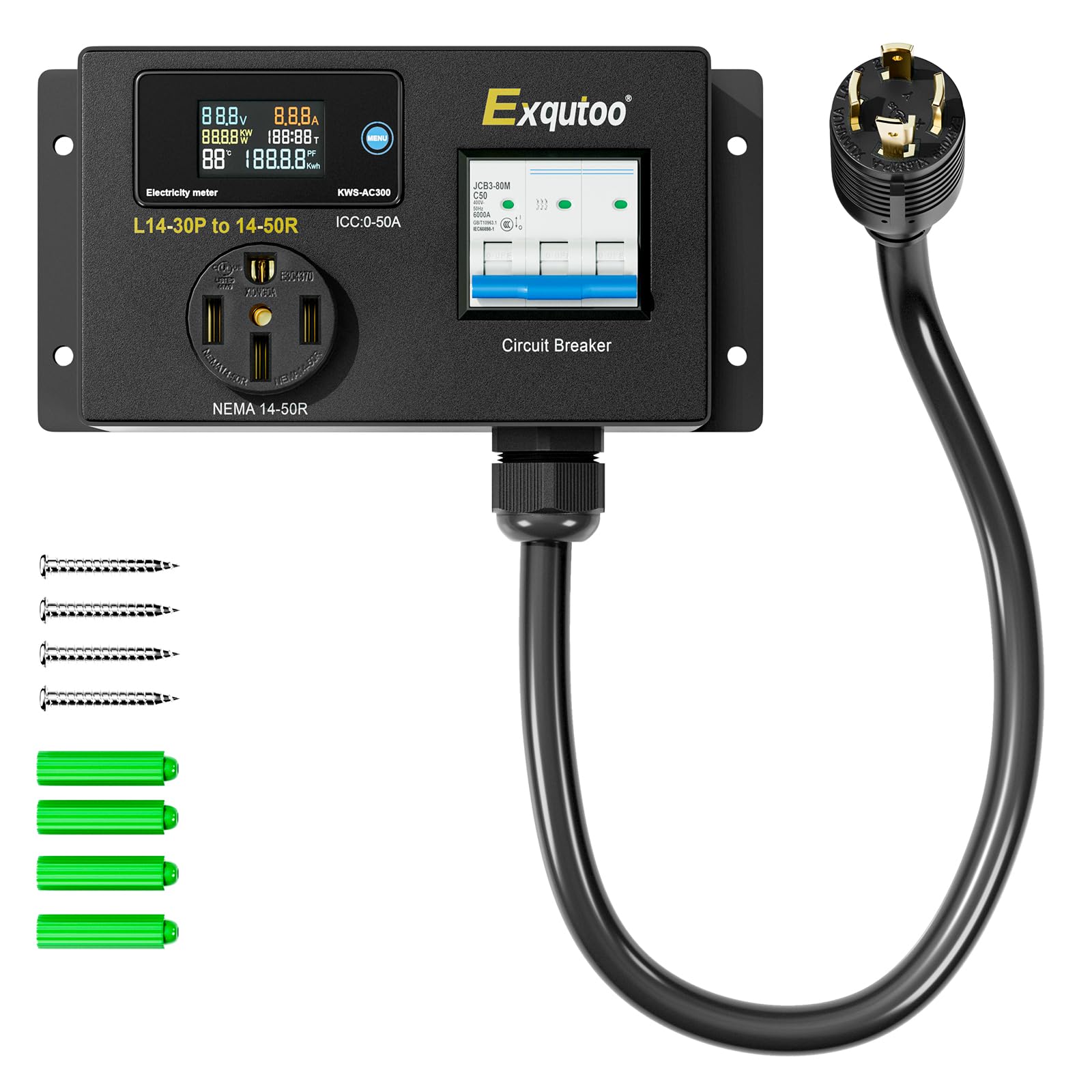 Exqutoo AC Power Meter, NEMA Conversion Outlet, 120/240 VAC NEMA L14-30P to NEMA 14-50R Outlet ...