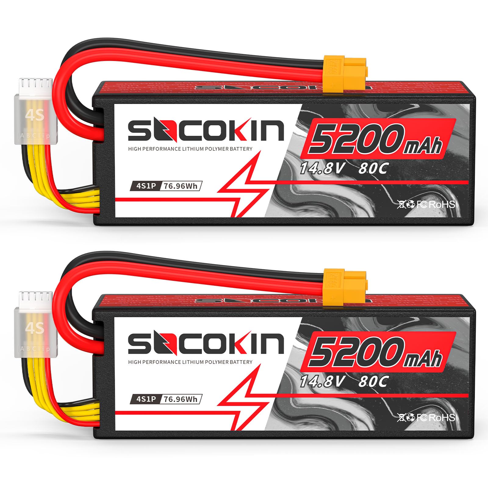 Socokin 14.8V Lipo Battery 4S 5200mAh 80C with Hard Case XT60 Plug for ...