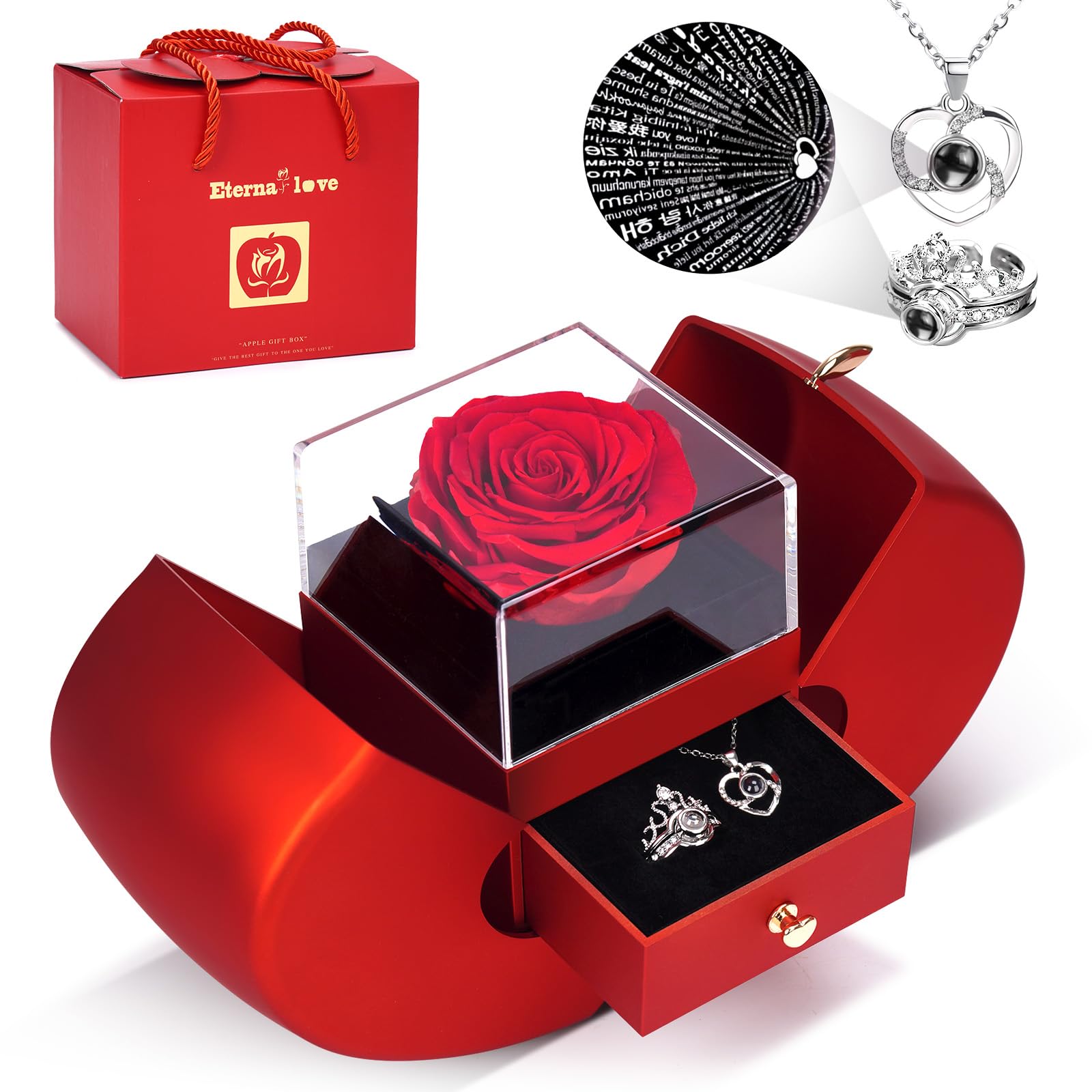 Preserved Real Rose with I Love You Necklace and Ring in 100 Languages ...