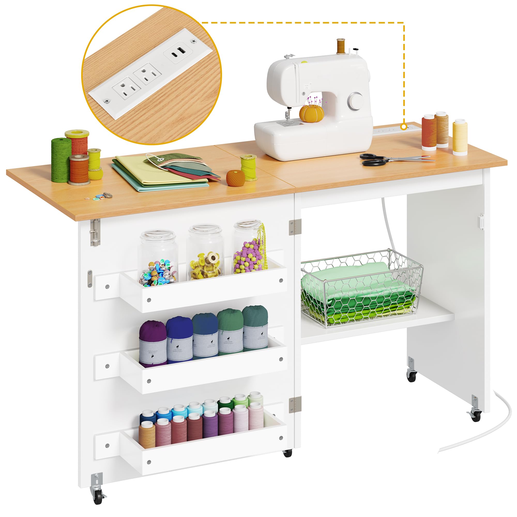 DWVO Large Folding Sewing Table with Charging Station, Multipurpose ...