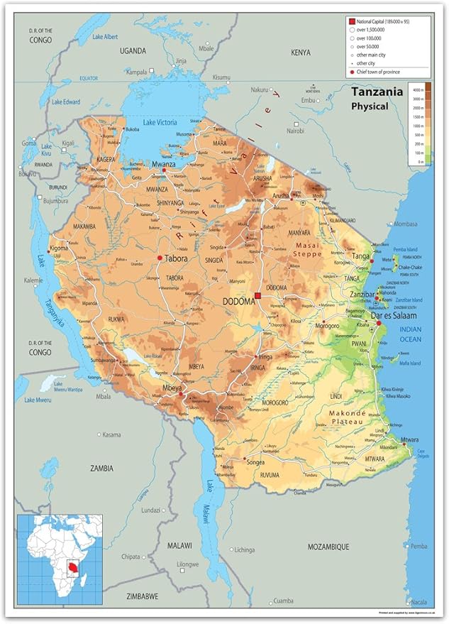 Tanzania Physical Map - Paper Laminated (A2 Size 42 x 59.4 cm): Amazon ...