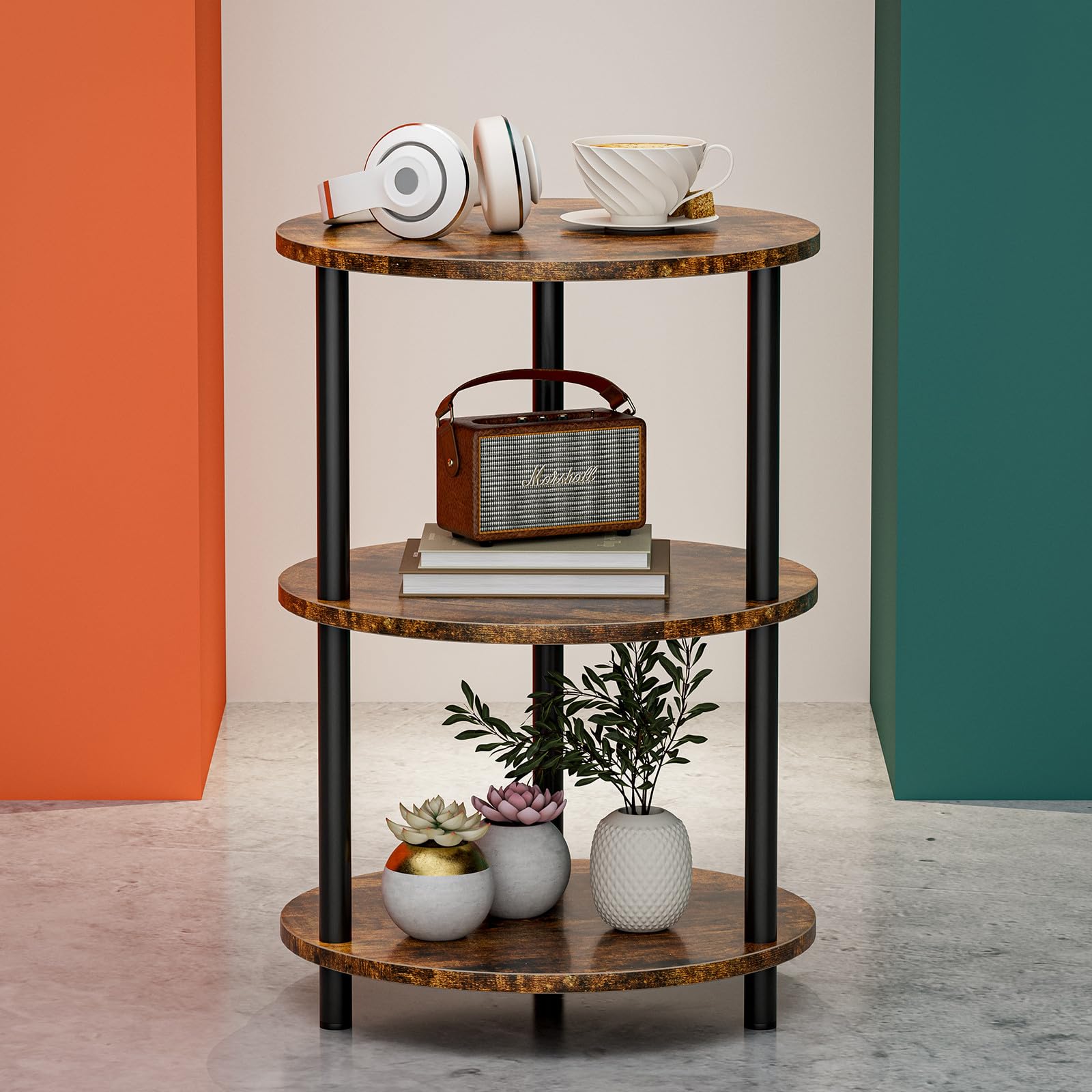 RISWER Round Side Table Living Room - Small Accent Table with 3 Tier Shelves, Rustic Wooden ...