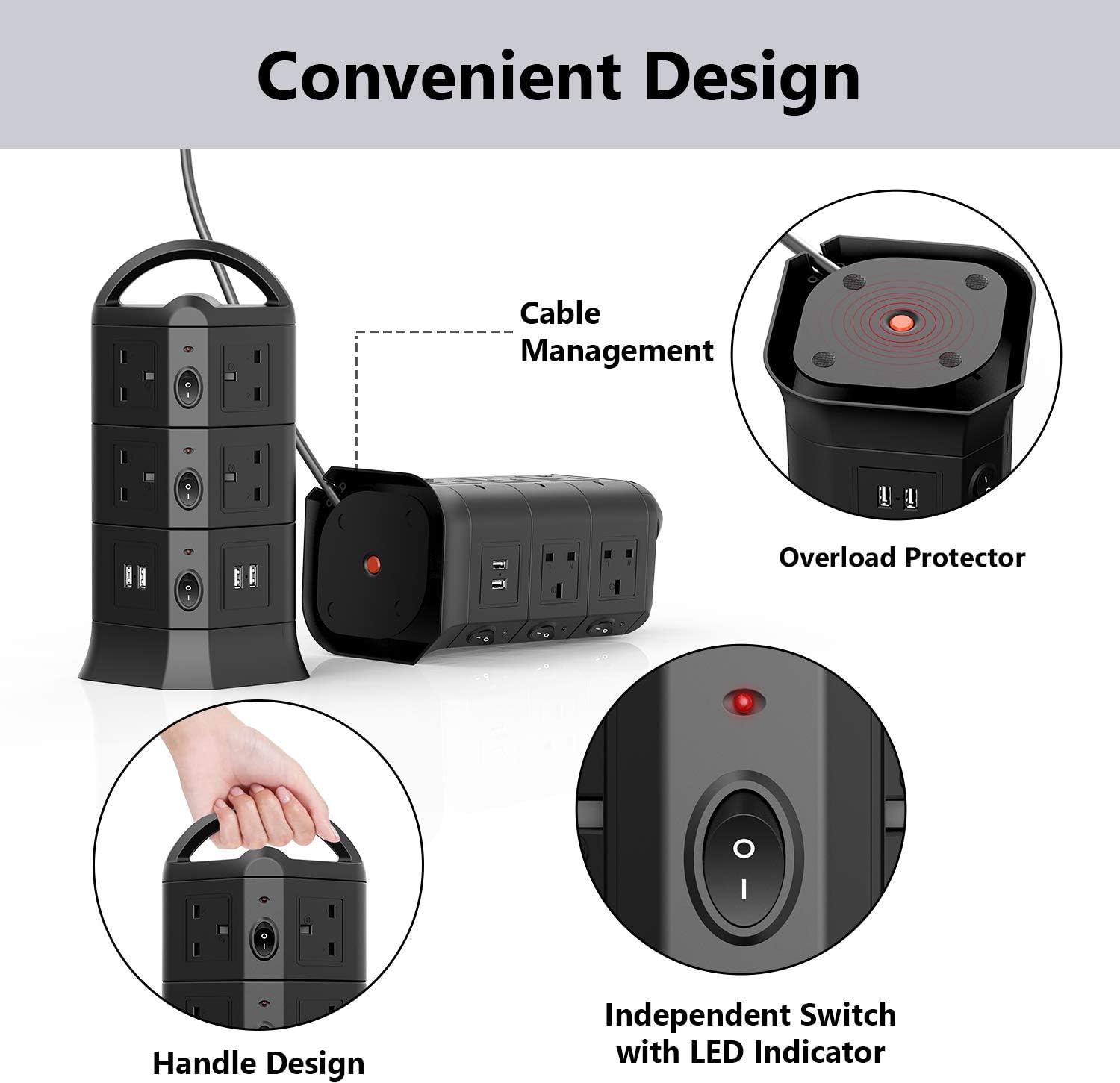 10 Way Outlets Tower Power Strip with 4 USB Ports,5V/3.1A Per Port Max ...