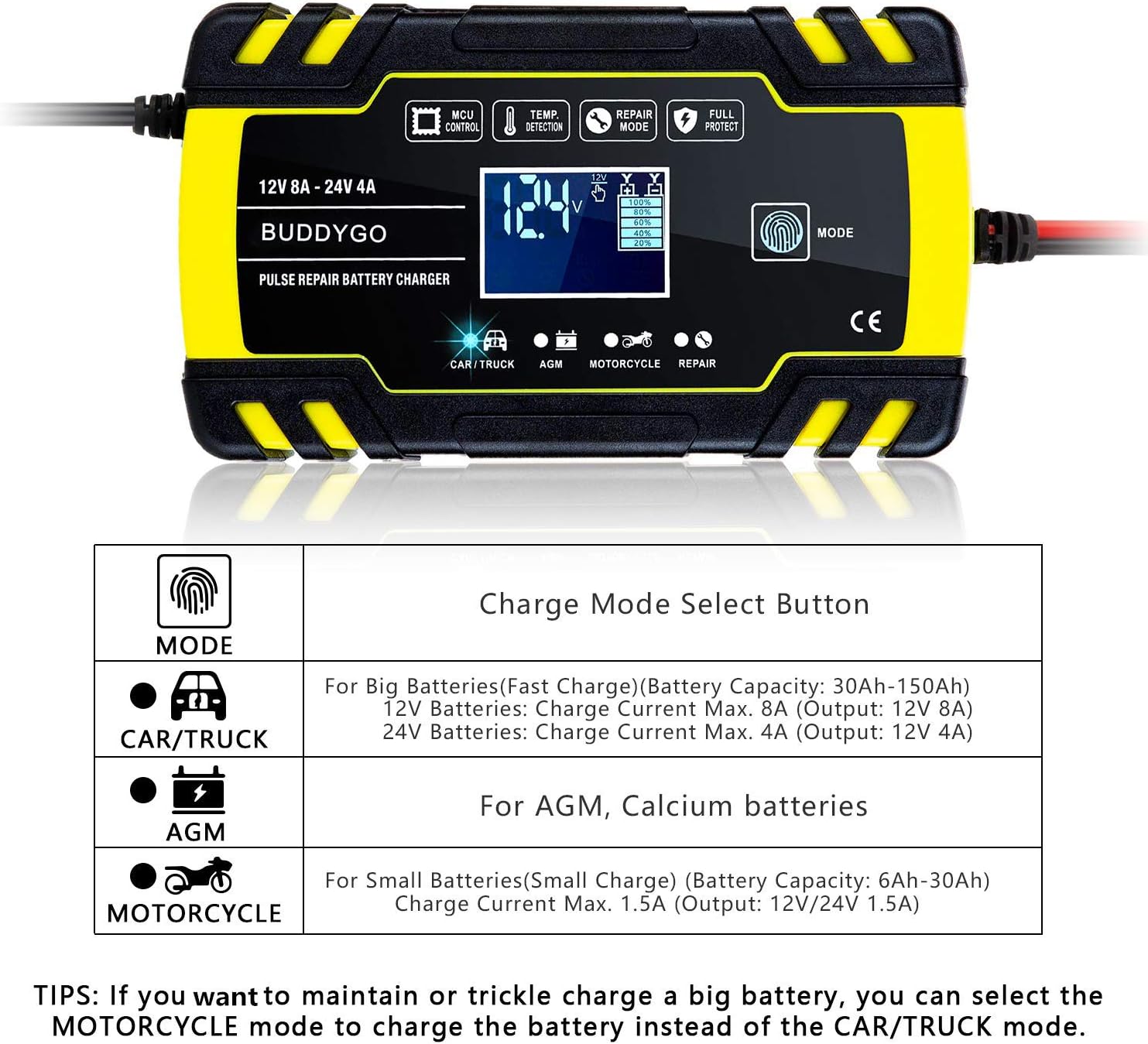 BUDDYGO Car Battery Charger, 12V/24V 8Amp Intelligent Automatic Battery ...