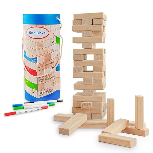 OMNIBLOKS Tumbling Tower Game with 54 Blank Tumbling Blocks, 4 Coloring ...