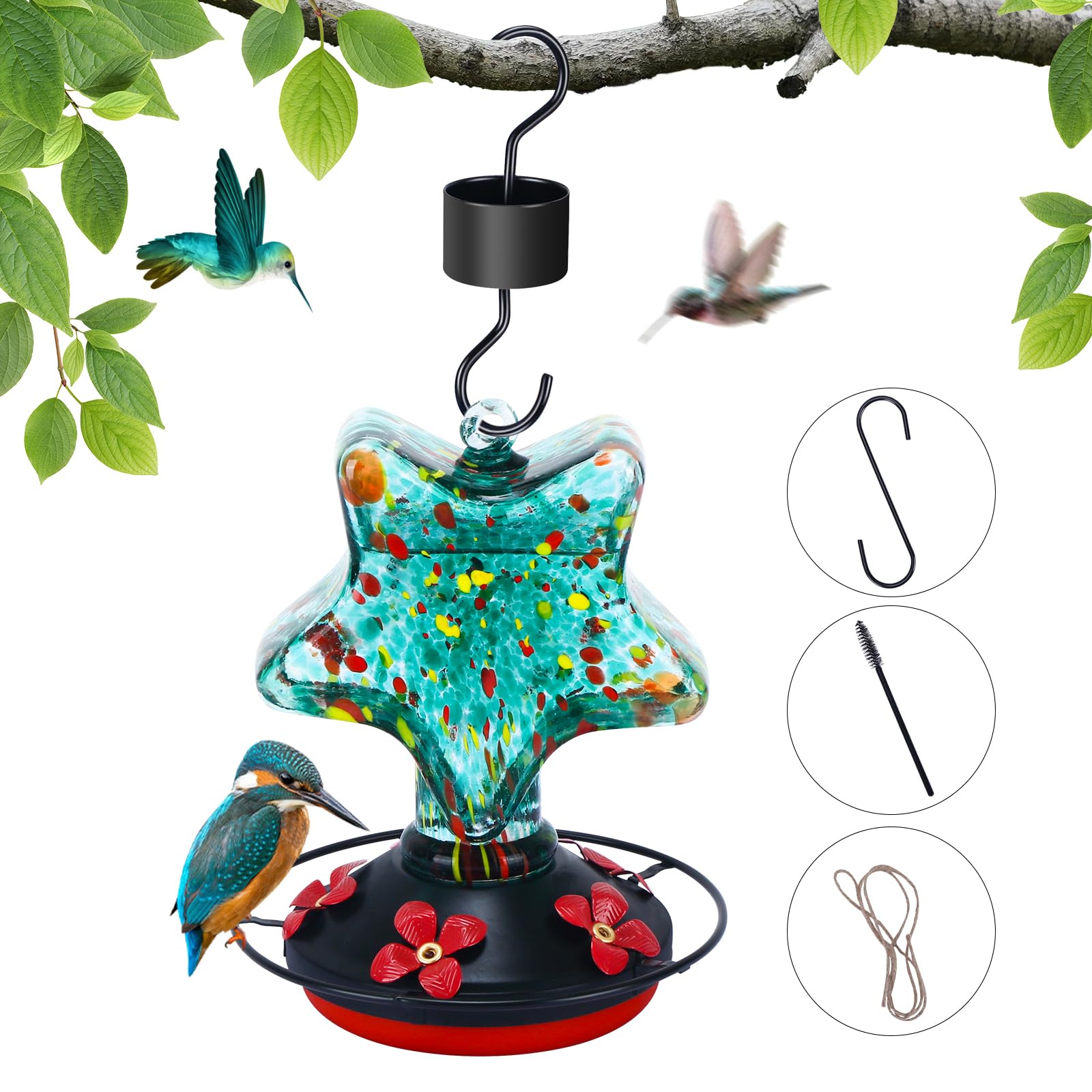Hummingbird Feeder, Hand Blown Glass Hummingbird Feeder for Outdoors 20 ...