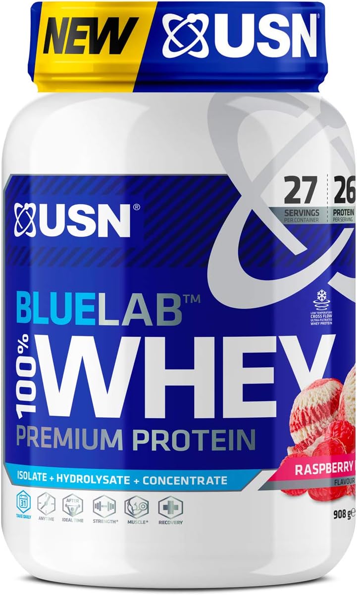 Premium Whey Protein Powder: USN Blue Lab Whey Raspberry Ripple 908g ...