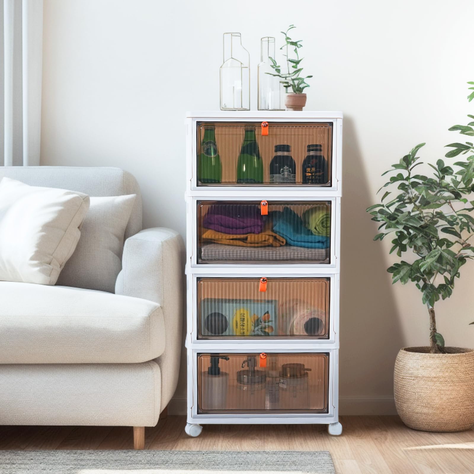 Clear Storage Bins with Lid 4-Tier Stackable Storage Boxes with Wheels Collapsible Organizer ...