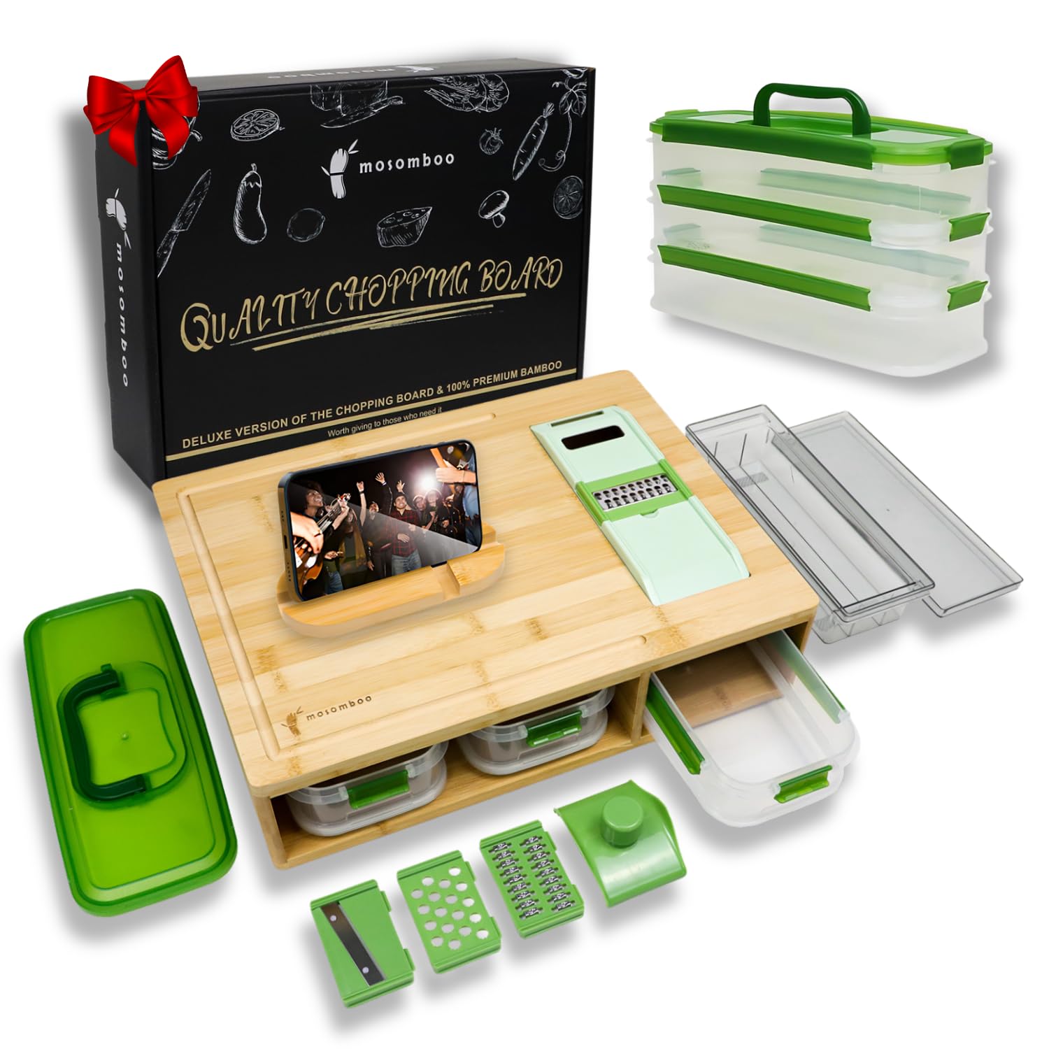 Mosomboo Bamboo Cutting Board with Containers, Large Smart Cutting Board Set with Stackable ...