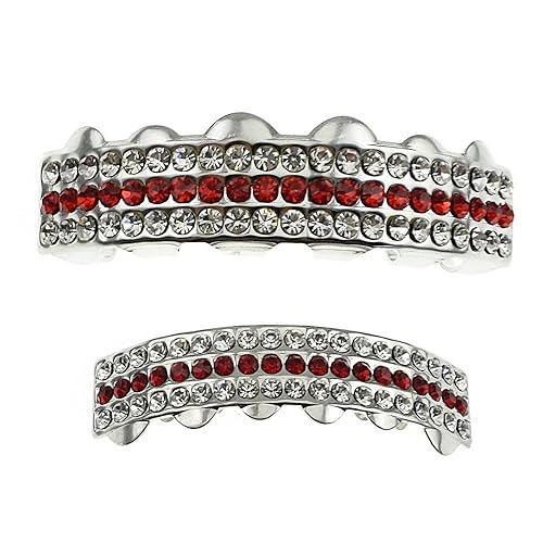 Red Grillz Iced Top & Bottom Teeth Three Row Silver Tone Mouth Grills ...