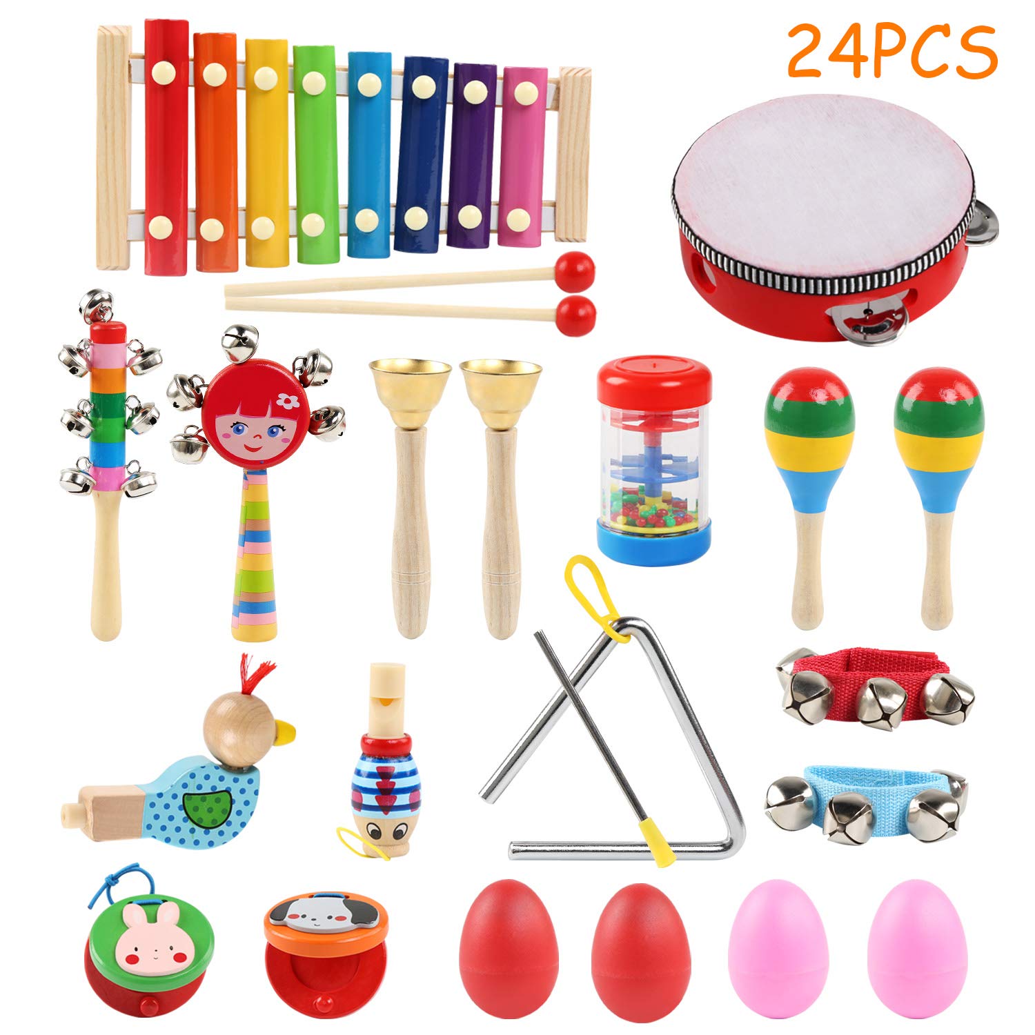 NEWSTYLE Musical Instruments, 24Pcs 13 Types Wooden Percussion ...