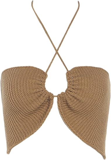 Amazon.com: Women Halter Criss Cross Crop Top Rib Knit Sling Bow Tie ...