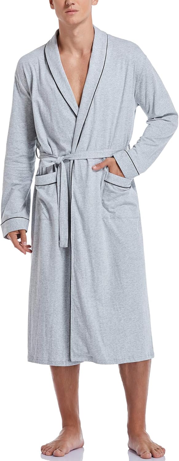 COLORFULLEAF Mens Cotton Robe Lightweight Long Bathrobe Shawl Collar Woven Robe (Grey, XXL ...