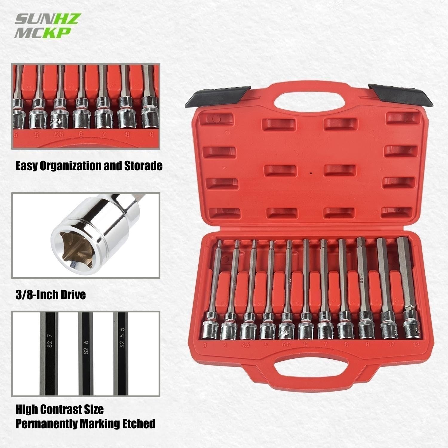 Mua SUNHZMCKP 11 Piece Long Allen Socket Set 3/8" Drive, Metric(3-12 mm) with Enhanced Storage ...