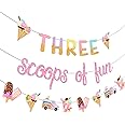 Amazon.com: Jollyboom Three Scoops of Fun Banner Ice Cream 3rd Birthday Party Decoration for ...