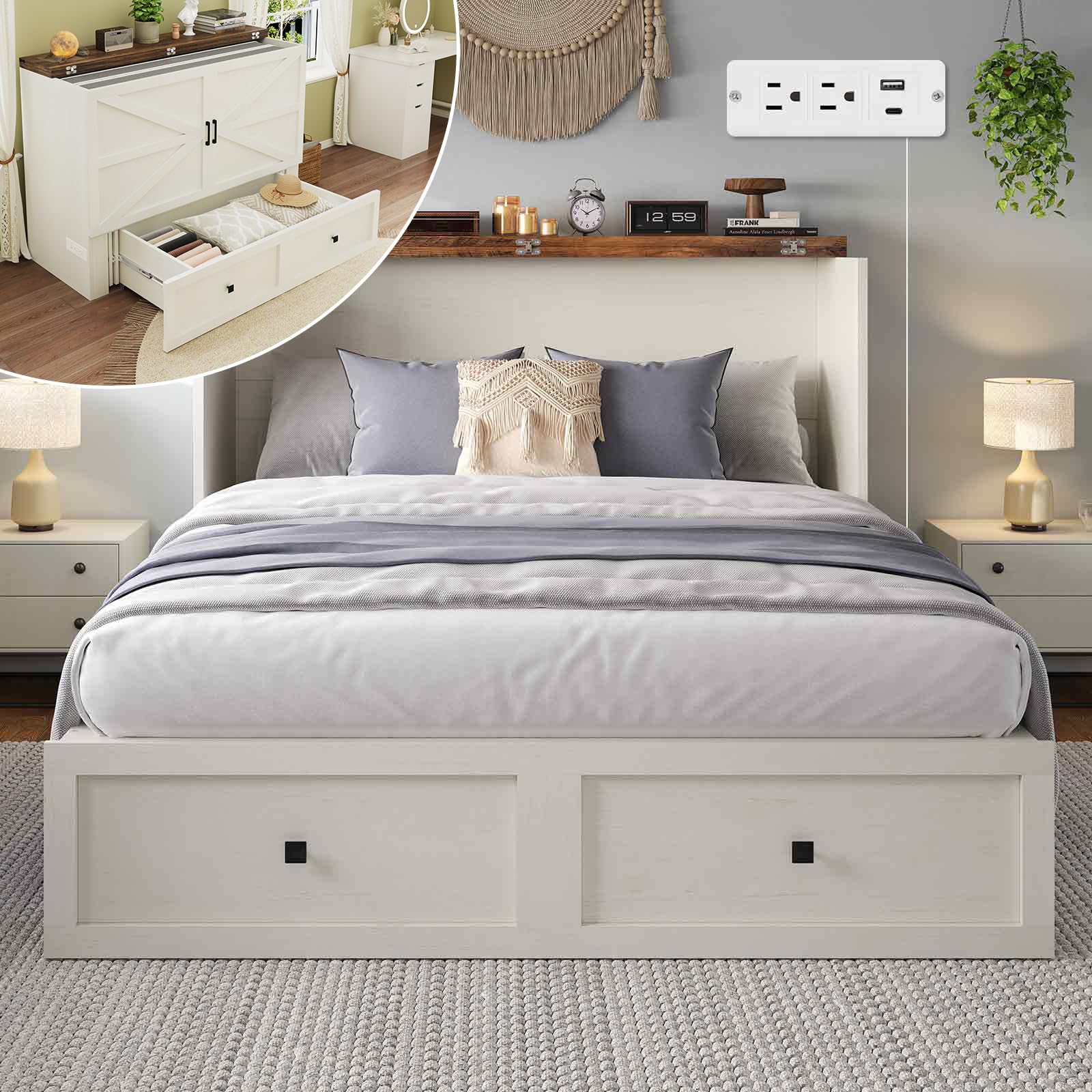LUXOAK Murphy Bed with Charging Station, Queen Size Cabinet Bed with ...
