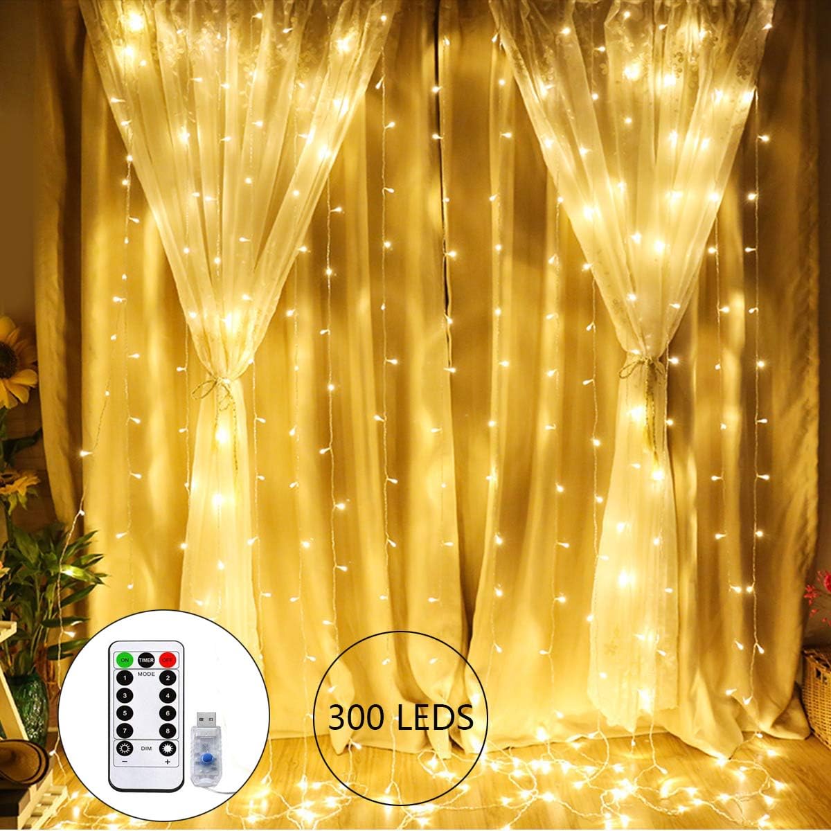 Cortina de Luces, Cadena de luces por USB, 3 * 3 m 300 LED Resistente ...
