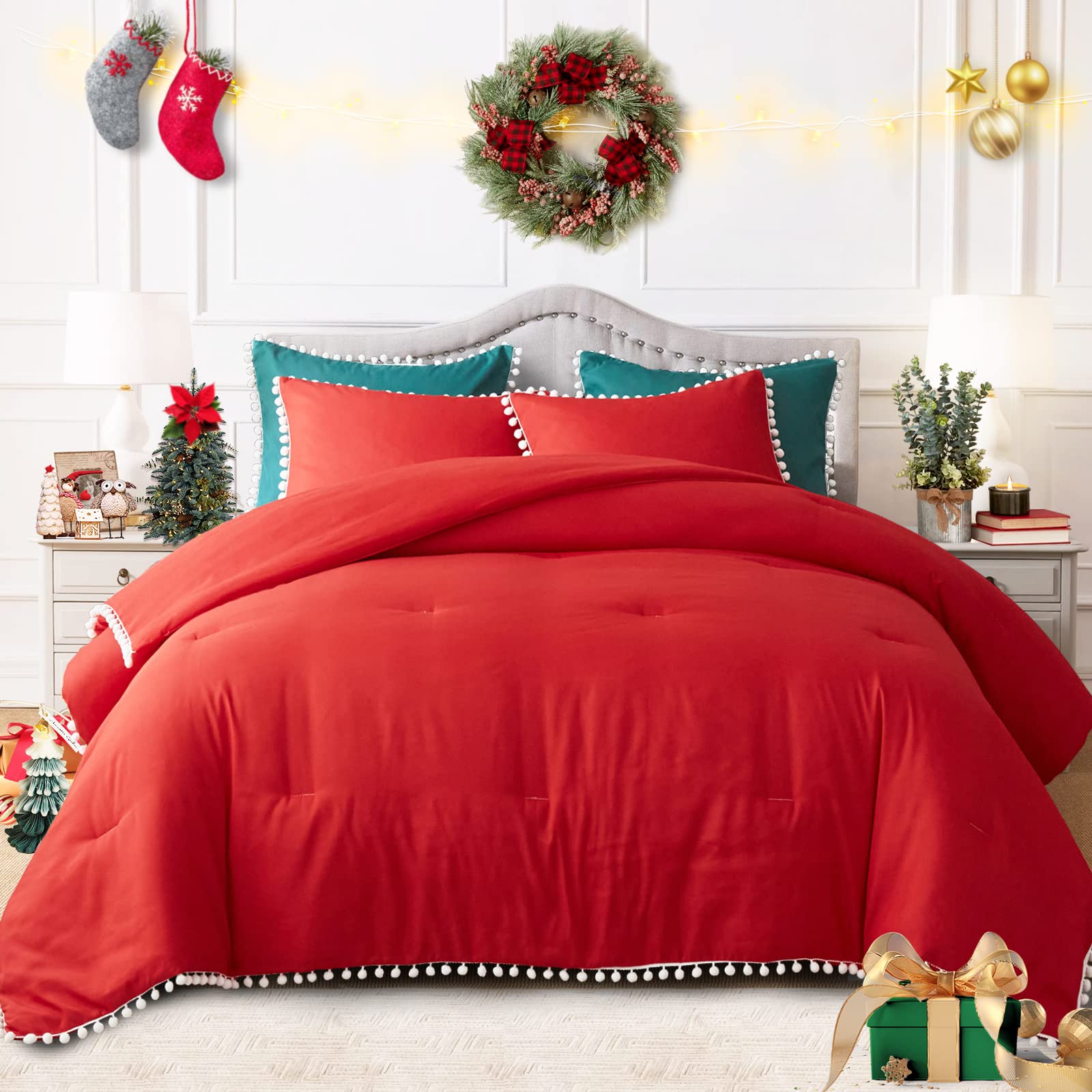 Christmas Comforter Set Queen Size 3 Pieces Pom Pom Fringe Red Boho ...