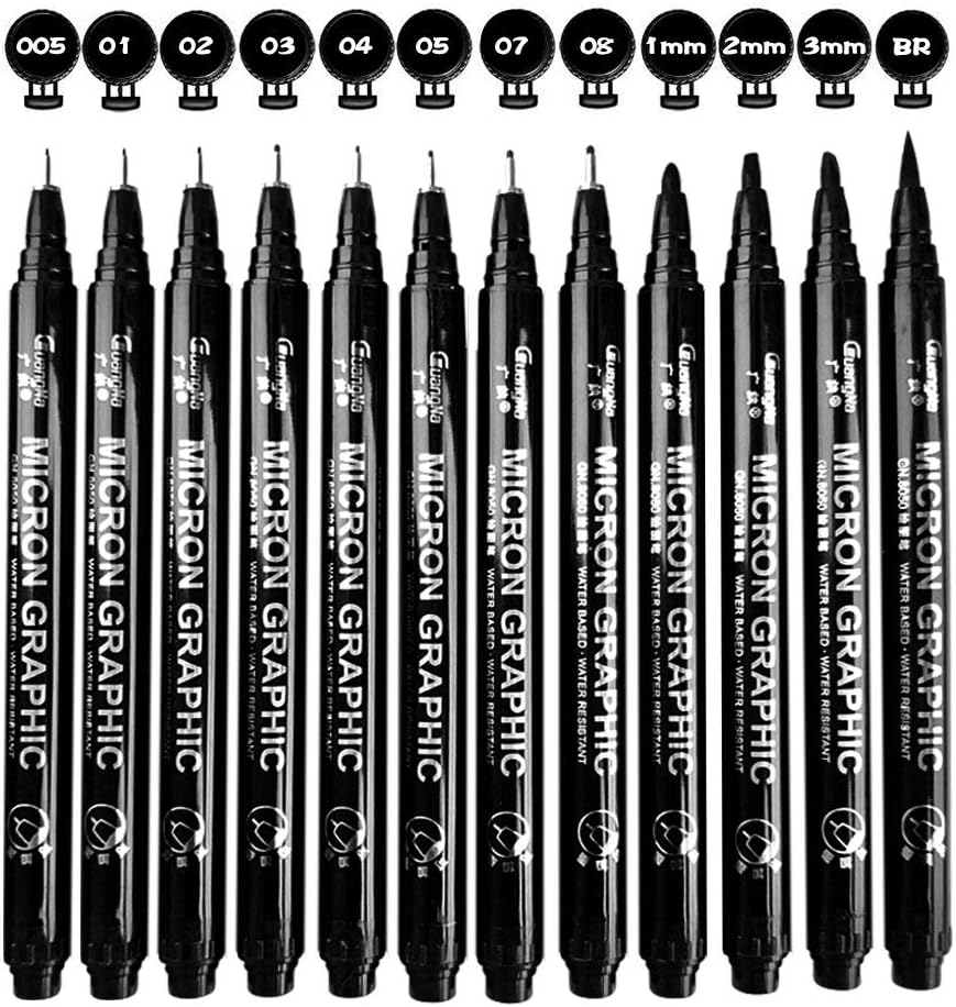12 Size Black Calligraphy Brush Pen Fineliner Micro-Line Pens for ...