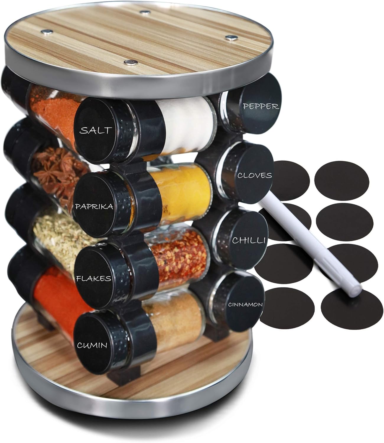 16 Jar Rotating Spice Rack Organiser, Including 32 Wipeable Labels + 1 ...
