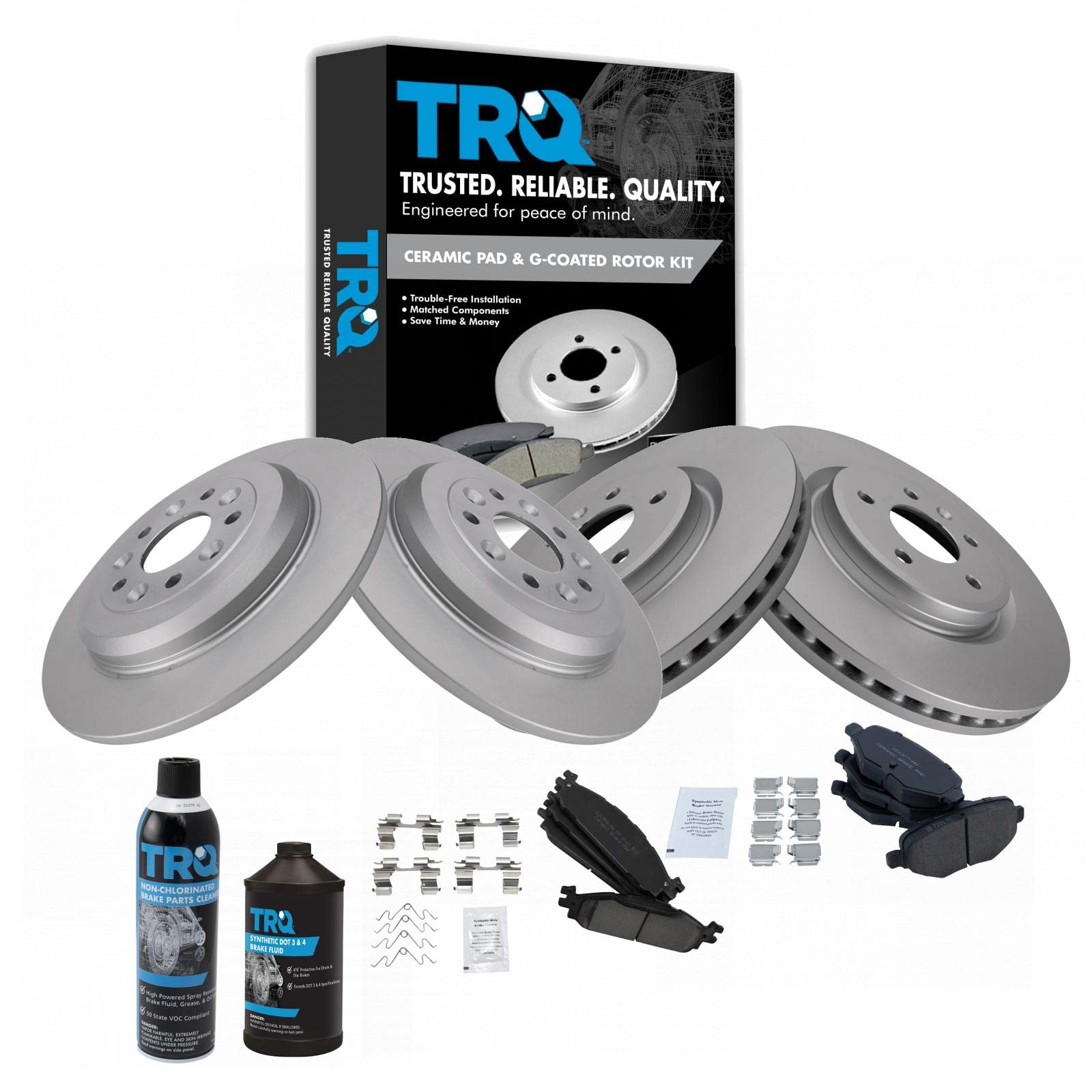 TRQ Posi Ceramic Brake Pad & Coated Rotor Kit Front & Rear Kit w ...