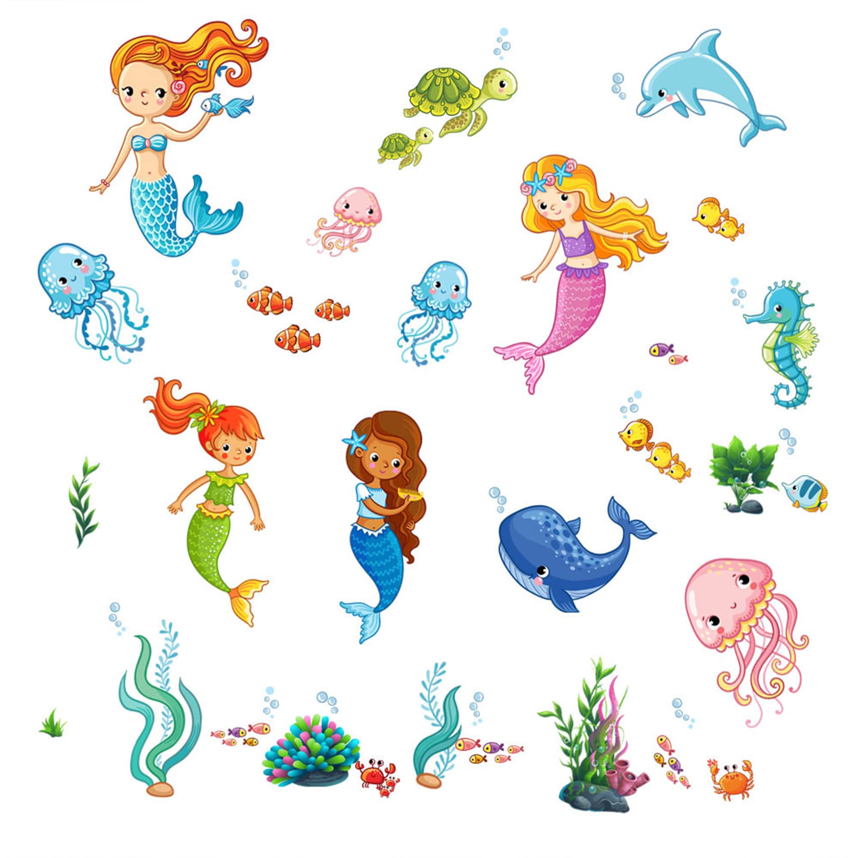 Watercolour Mermaid Wall Stickers, Cartoon Jellyfish Dolphin Girls Wall ...