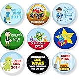 8 Button Schulanfang zur Einschulung / 8 große Buttons 38 Millimeter Durchmesser als Geschenk ...