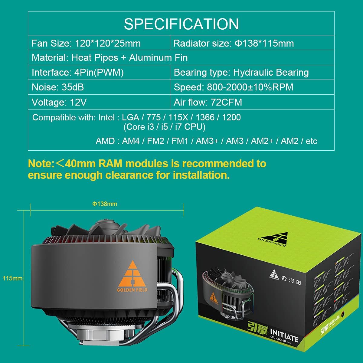 GOLDEN FIELD ENGINE A-RGB CPU Cooler, PWM CPU Fan, 5V Motherboard SYNC ...