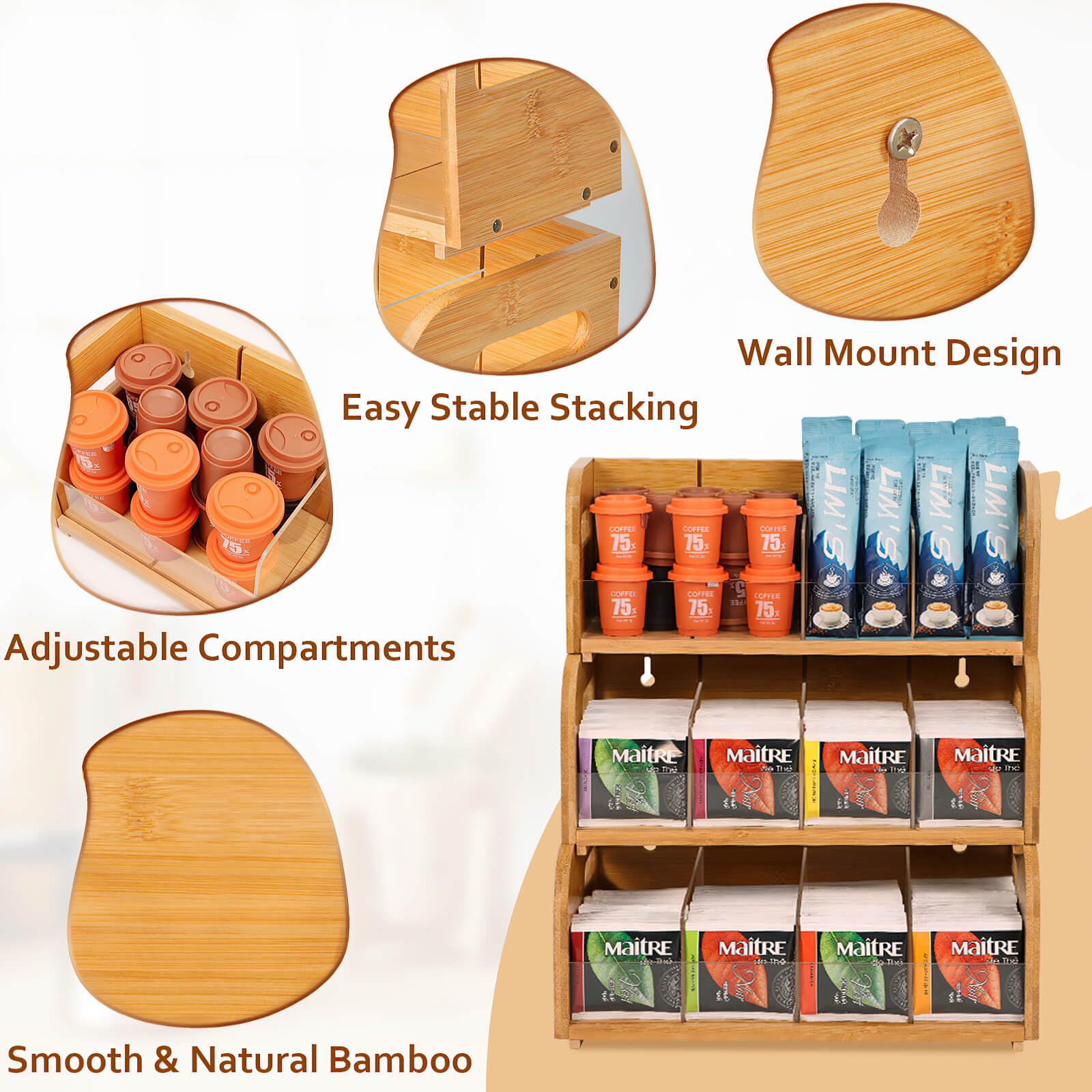 Mua Bamboo Tea Bag Organizer, Tea Storage/Holder with 3-Layer Stacked ...