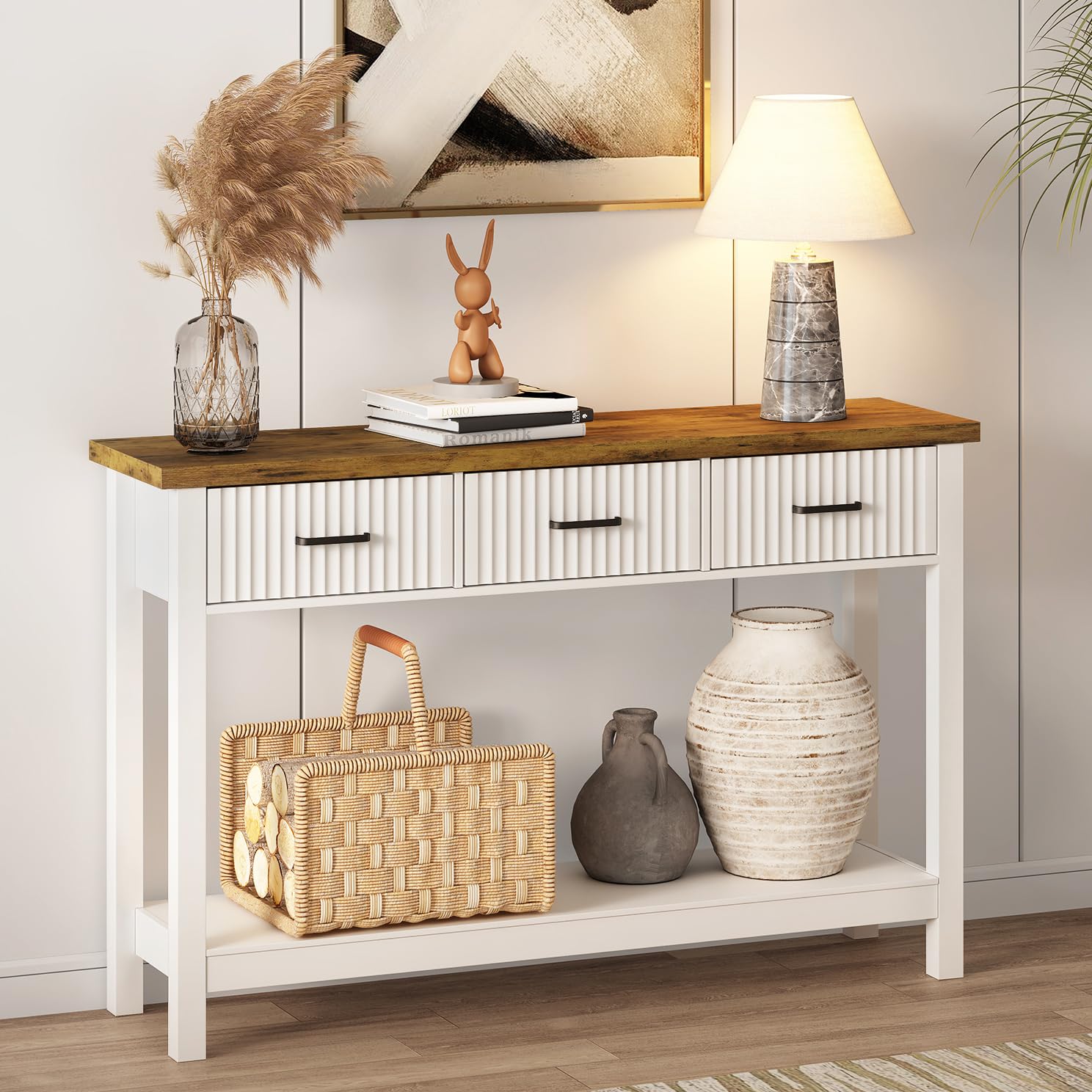 Console Table, Fluted Entryway Table with Drawer and Storage Shelf ...