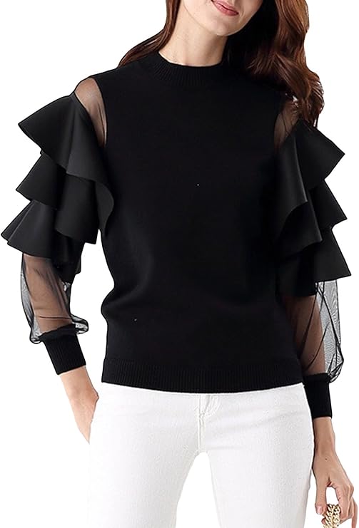 MISSLOOK Women's Long Sleeve Sexy Mesh Patchwork Ruffled Knitted ...