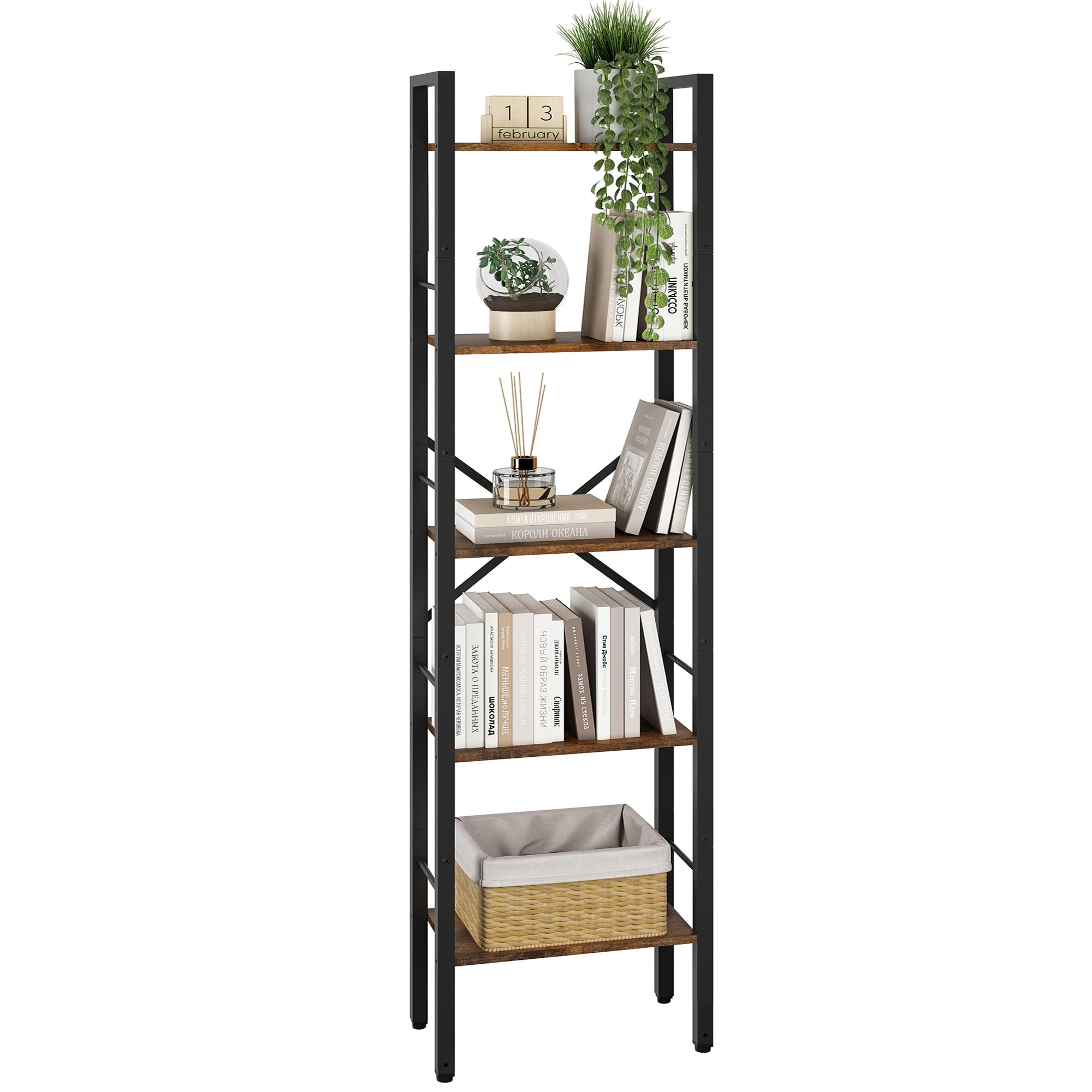 Tajsoon 5 Tier Ladder Bookshelf Industrial Ladder Shelf, Narrow Tall ...