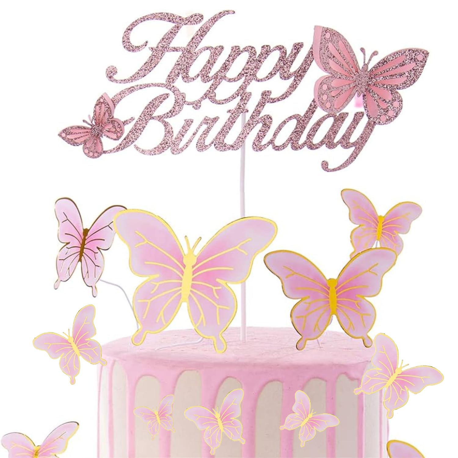 ALISSAR Rose Gold Happy Birthday Cake Topper Set, Butterfly Cake Topper ...