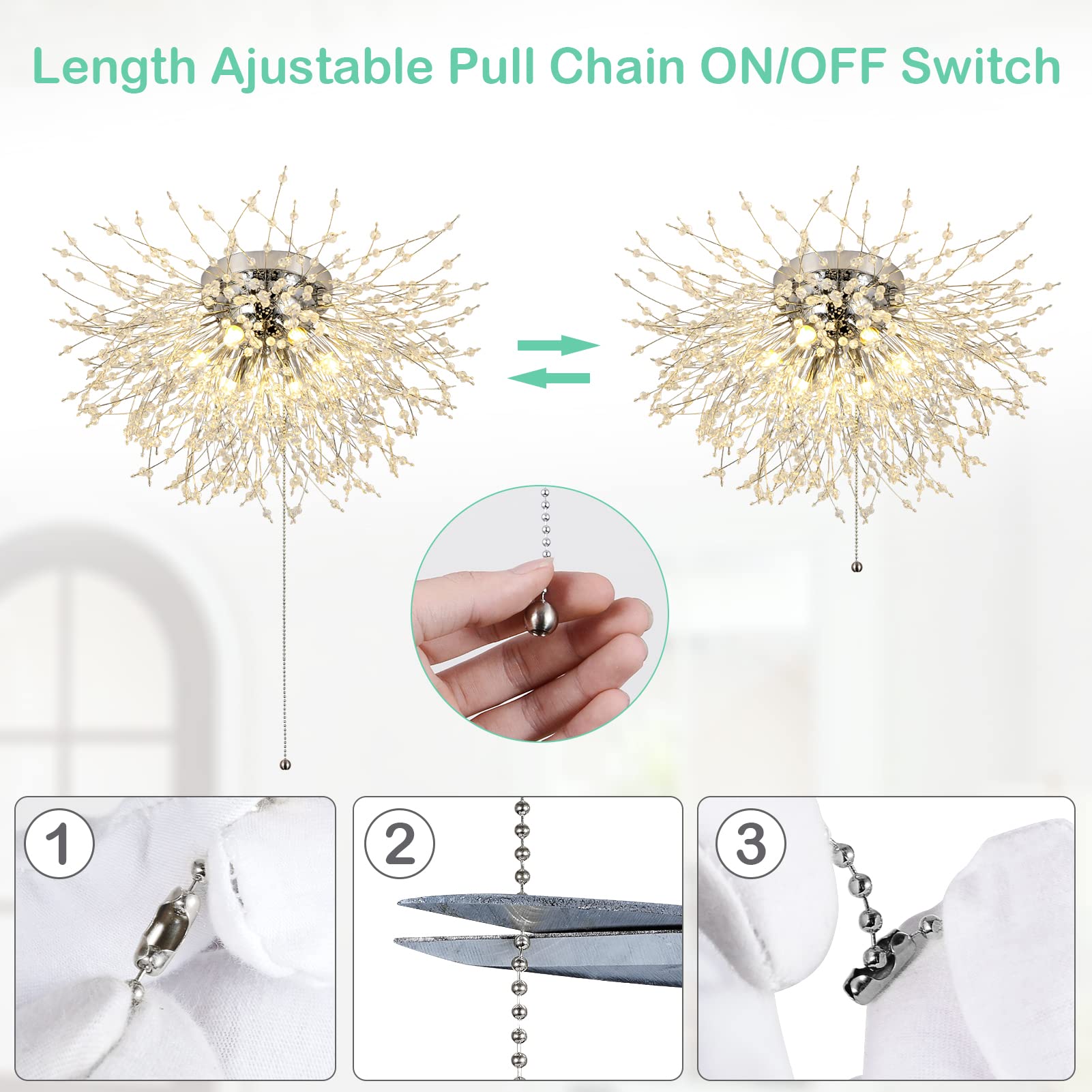 Mua HMVPL Crystal Flush Mount Ceiling Light Fixture with Pull Chain On ...