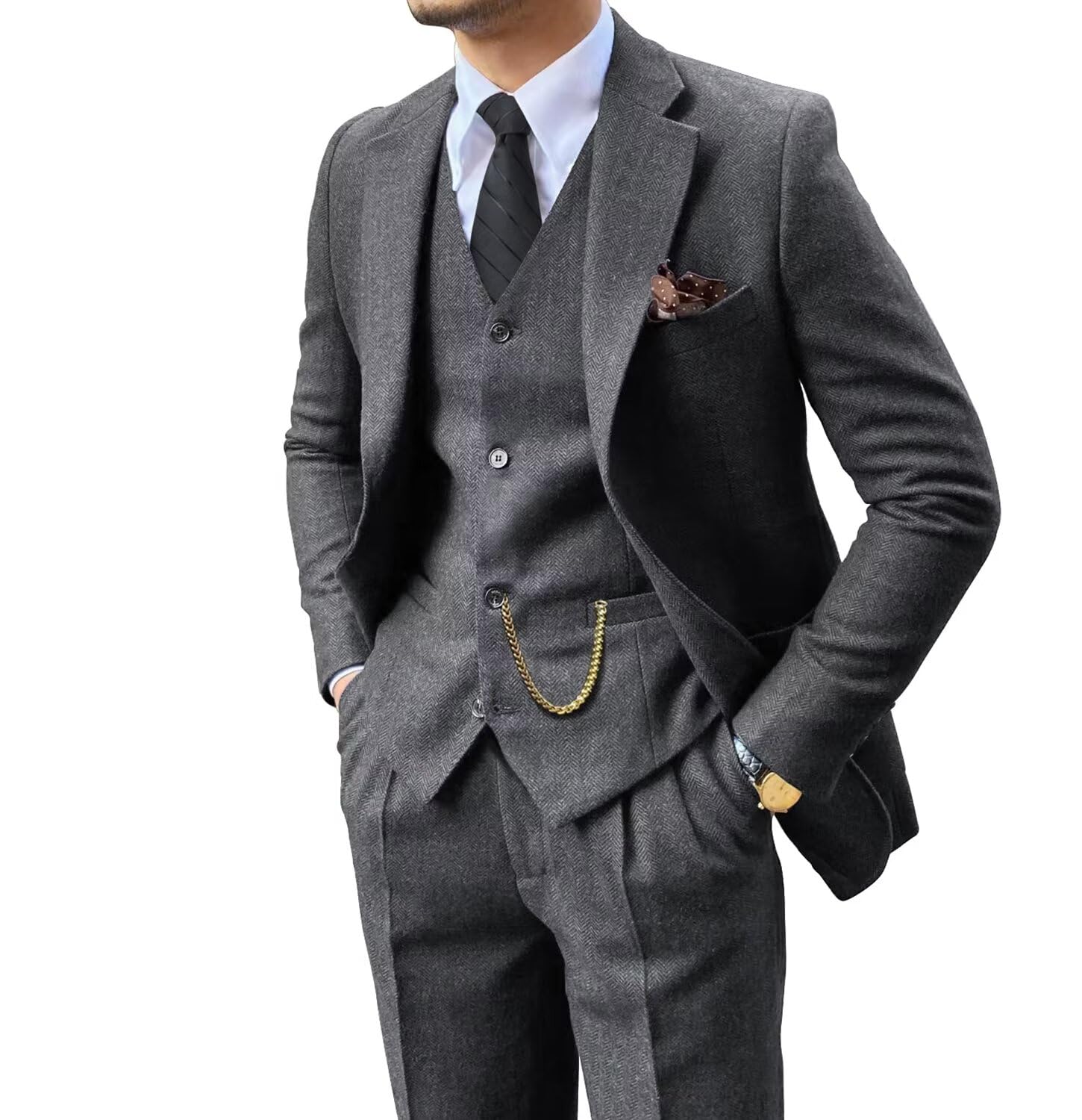 Herringbone Tweed 3 Piece Mens Suits Wool Blend Formal Party Dinner ...