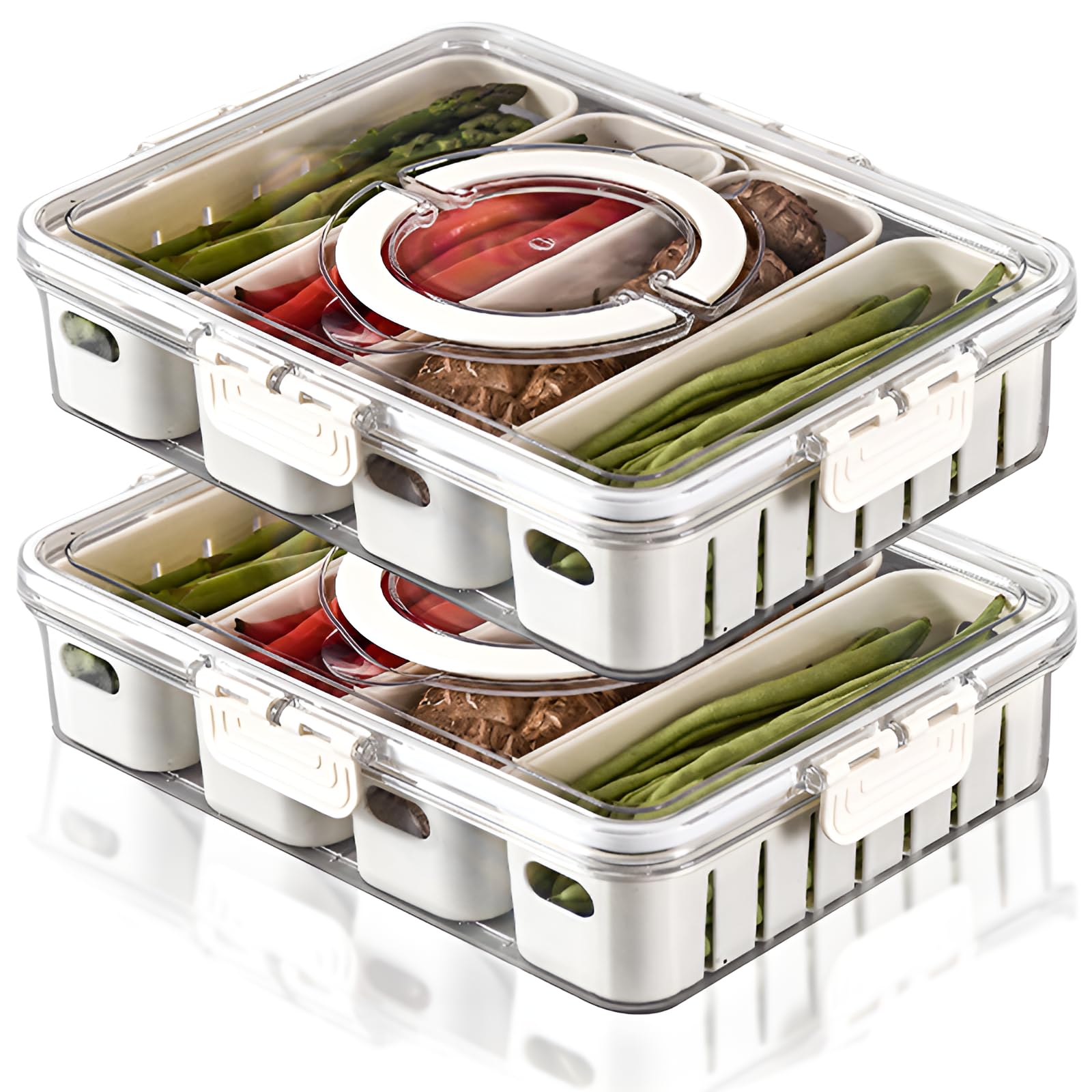 Divided Serving Veggie Tray with Lid and Handle, 4 Compartment Fruit ...