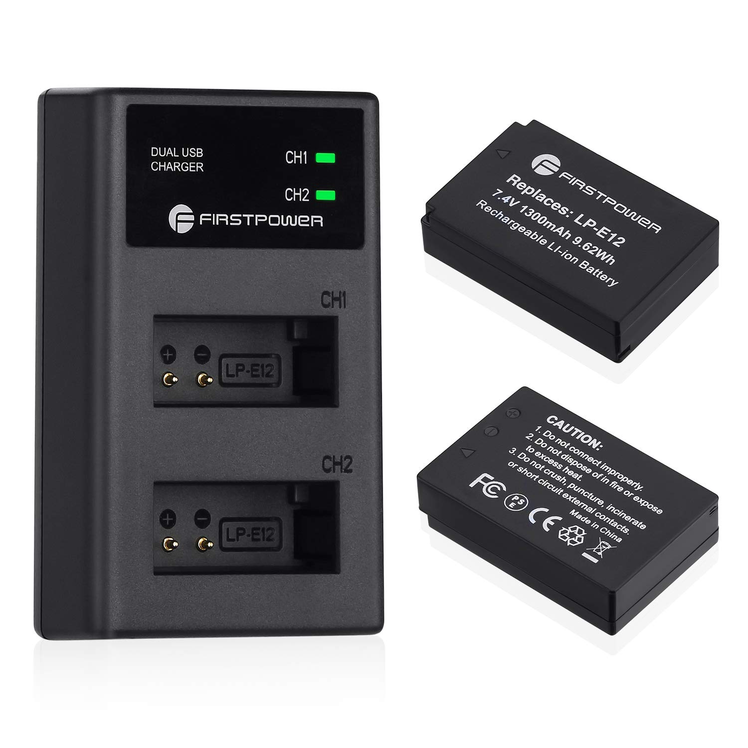 FirstPower 2-Pack LP-E12 Batteries and USB Dual Battery Charger Compatible with Canon EOS M, M2 ...