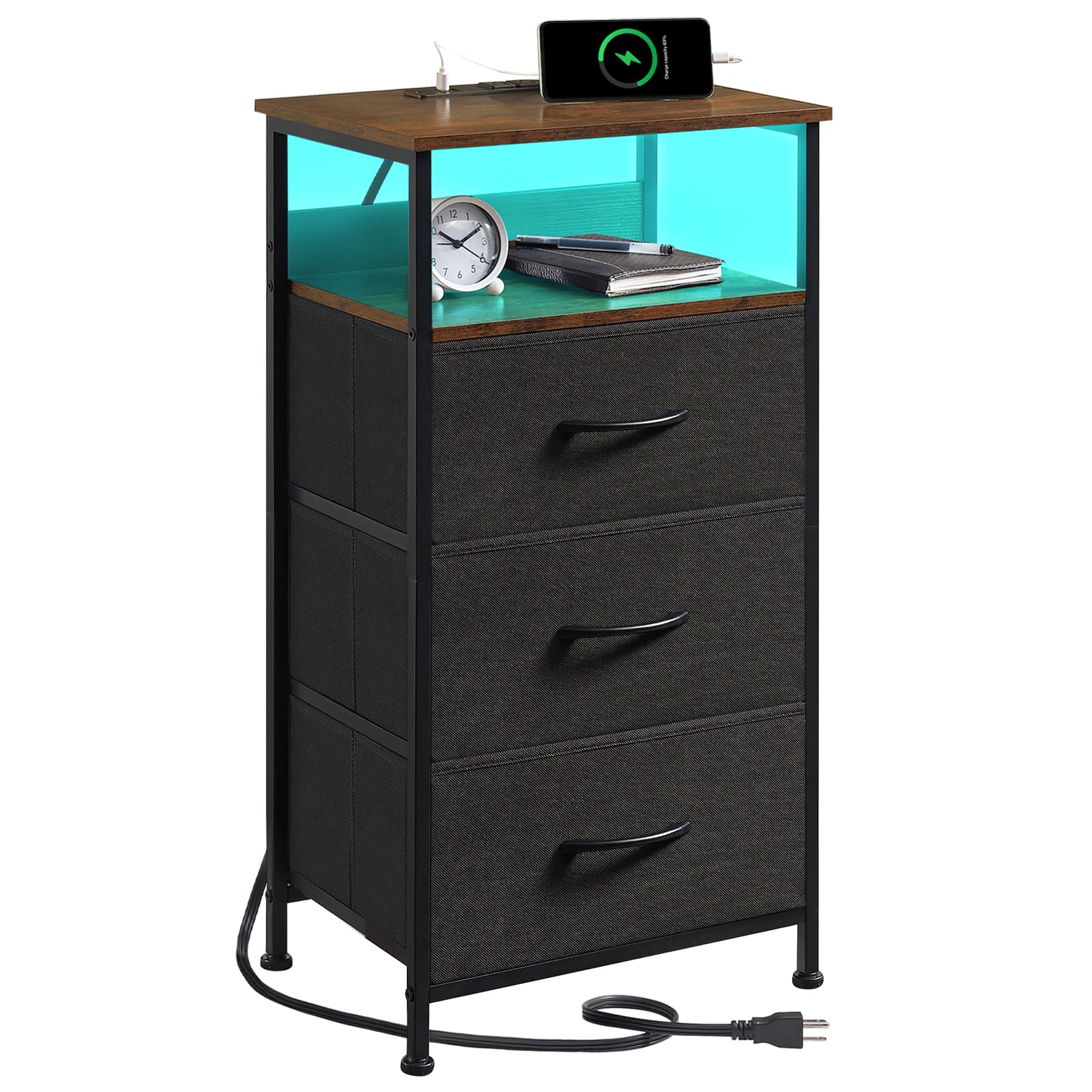 Somdot Black Nightstand with Charging Station and LED Light for Bedroom ...