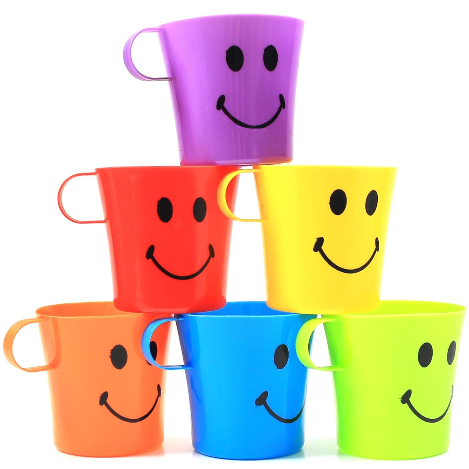6x Kids Plastic Smiley Face Cups - Handled Mugs Camp/Travel Party Set ...